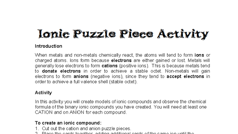 Ionic Bonding Puzzle Activity for Chemistry 101 Capstone Project - Studocu