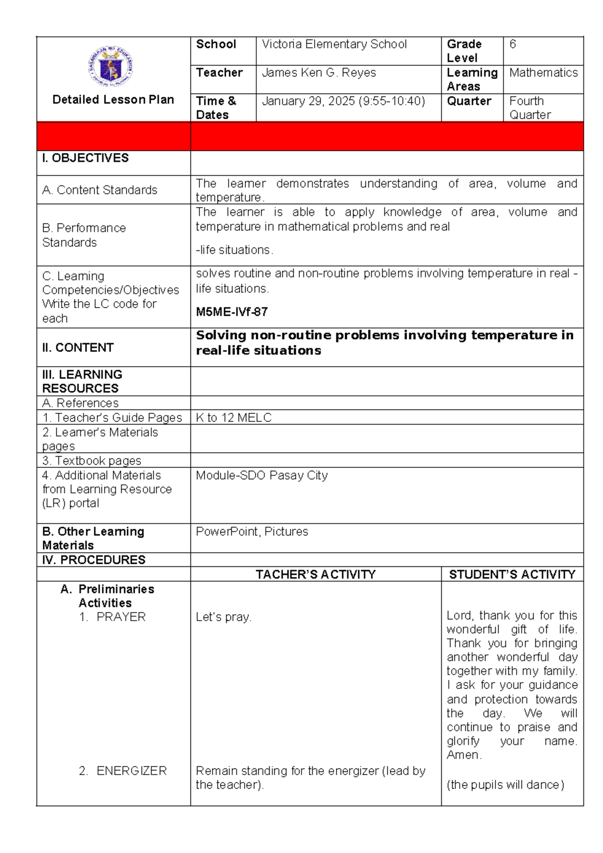 JK Lesson PLAN Grade 5. 1 - Detailed Lesson Plan School Victoria ...