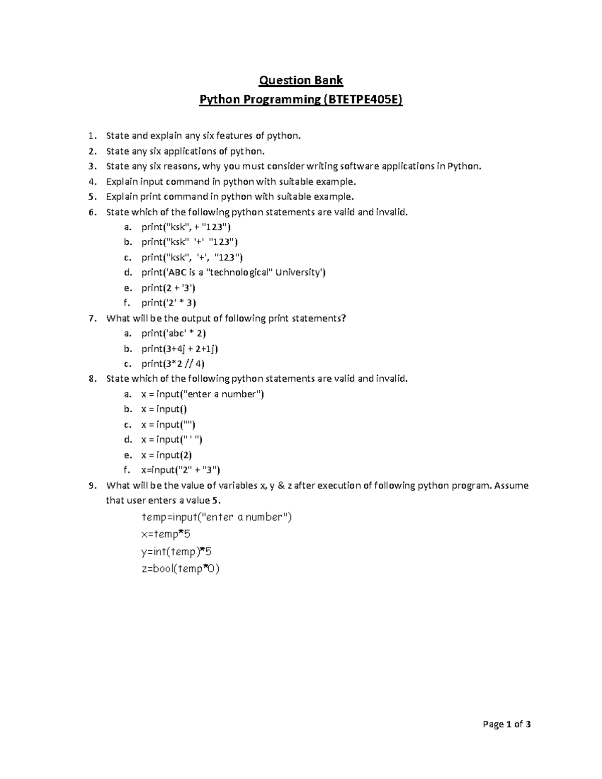 Question Bank: Python Programming (BTETPE405E) - Key Concepts & Exercises - Studocu