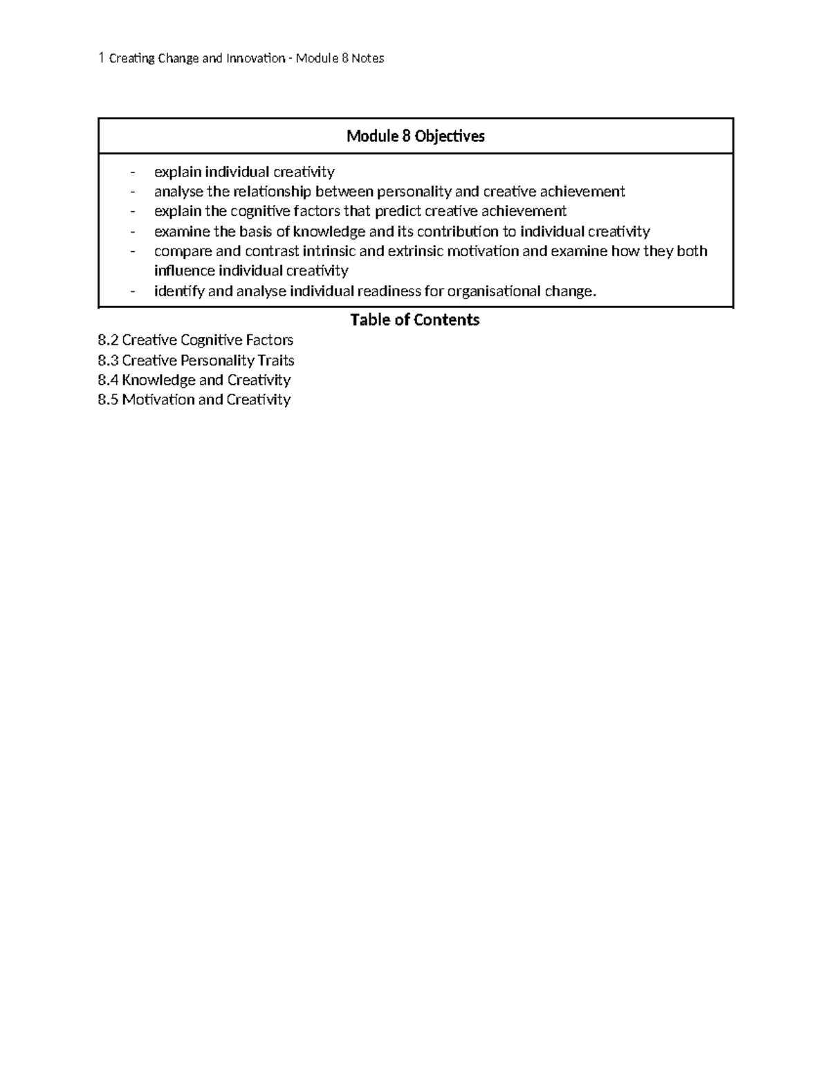 8 - Lecture 8 Notes - Module 8 Objectives explain individual creativity ...