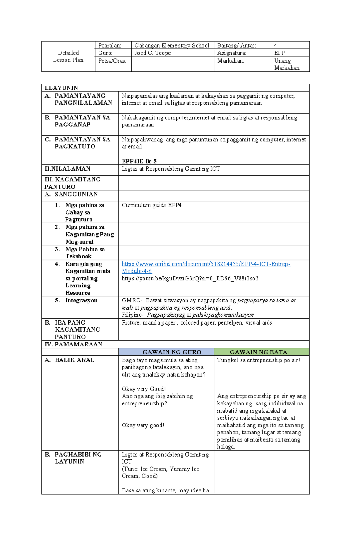 Detailed Lesson Plan EPP 4: Ligtas at Responsableng Paggamit ng ICT ...