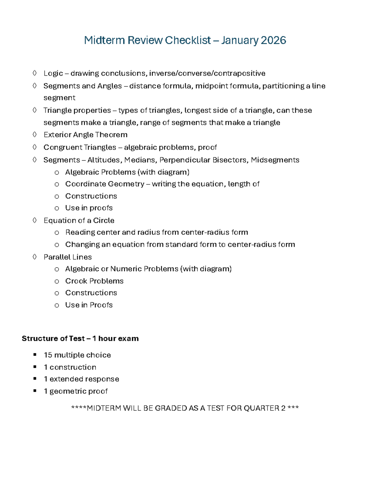 Midterm Review Checklist for Logic & Geometry (Jan 2026) - Studocu