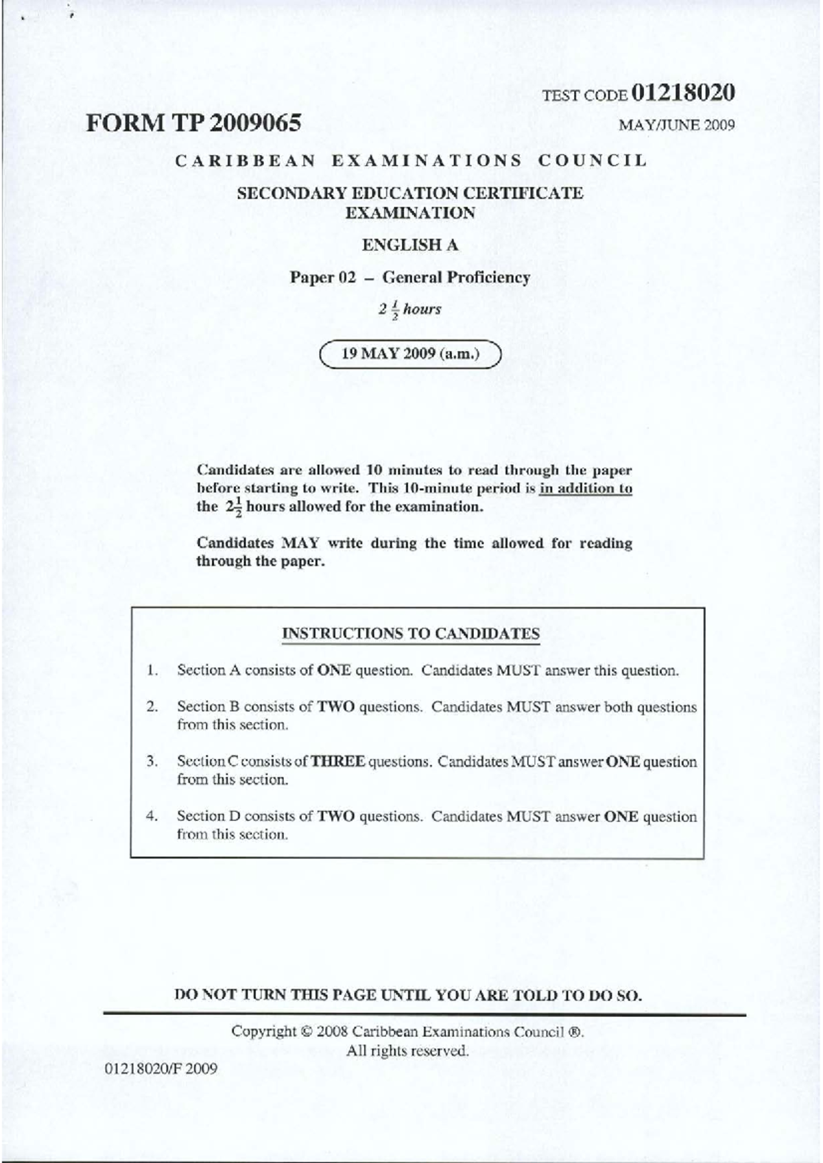CSEC English A June 2009 Paper 02 Exam Guidelines and Questions - Studocu