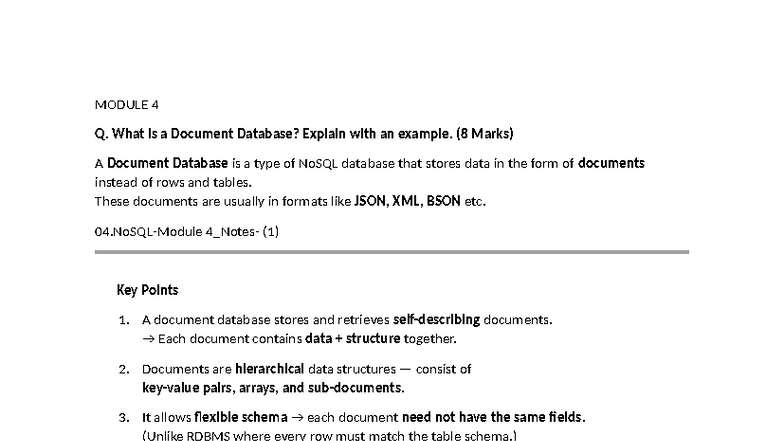 Module 4: Understanding Document Databases in NoSQL (8 Marks) - Studocu