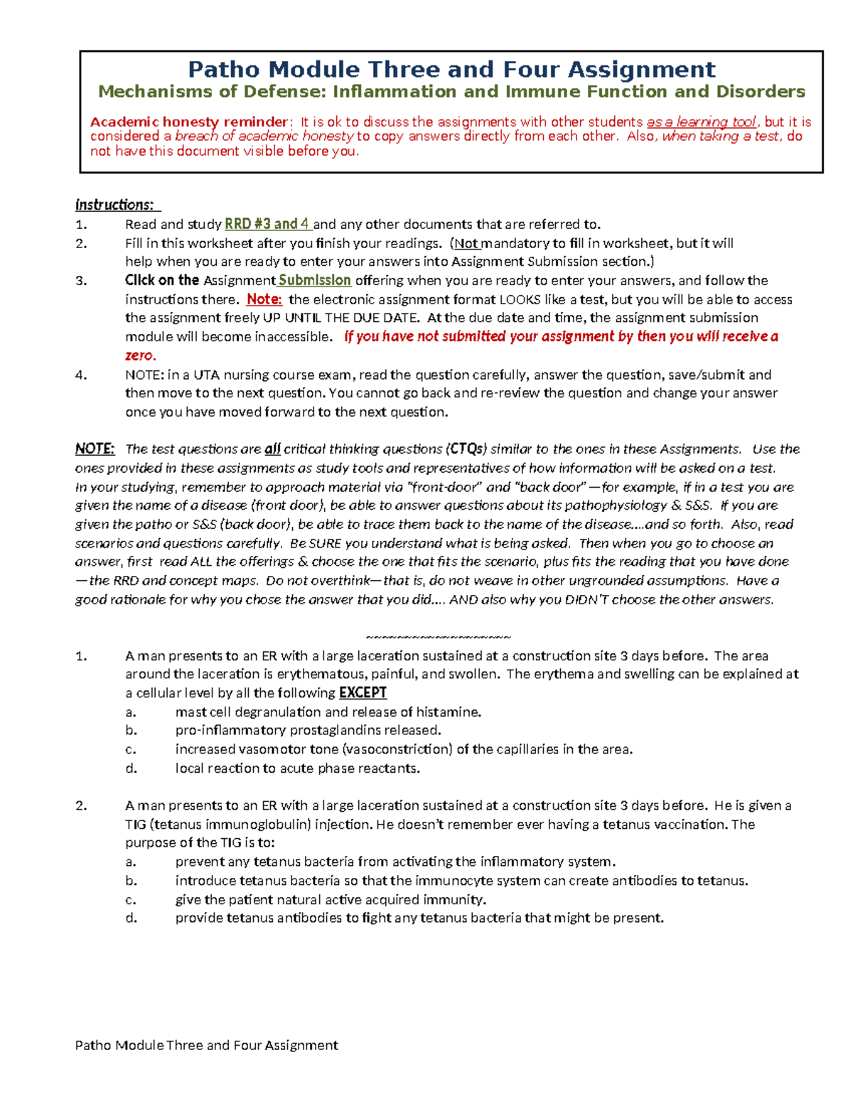 Patho 3 & 4 Assignment: Mechanisms of Defense & Immune Disorders - Studocu