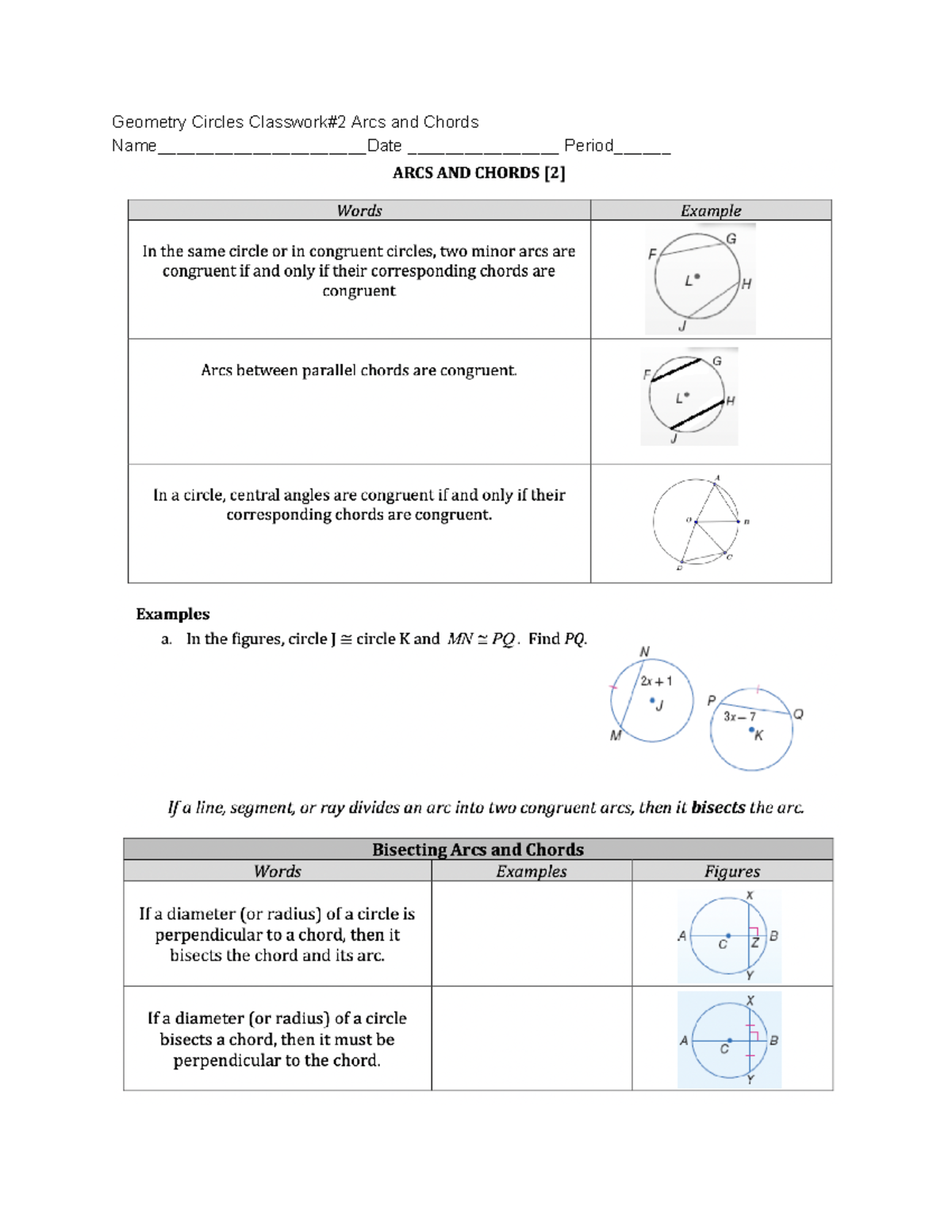 Geometry Circles Classwork#2 Arcs and Chords - Geometry Circles Arcs ...