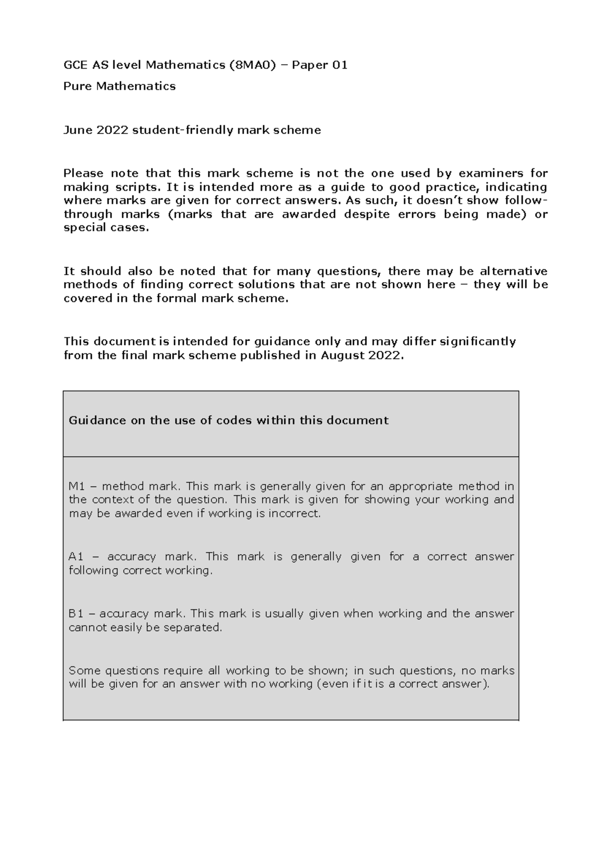 2206 8MA0-01 AS Level Pure Mathematics June 2022 Mark Scheme Guide ...