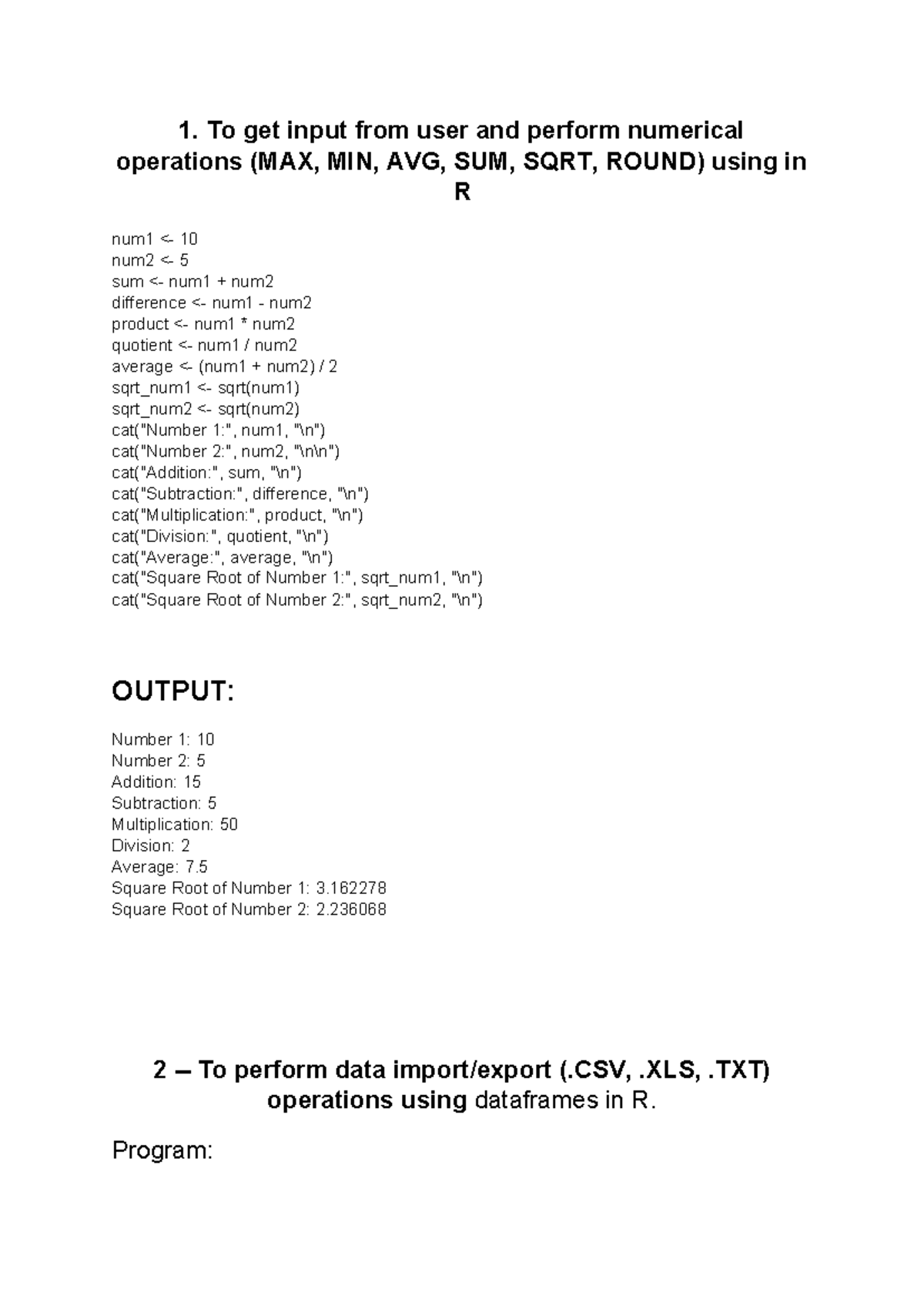 R Lab - Numerical & Data Operations in R (Course Code: R Lab) - Studocu