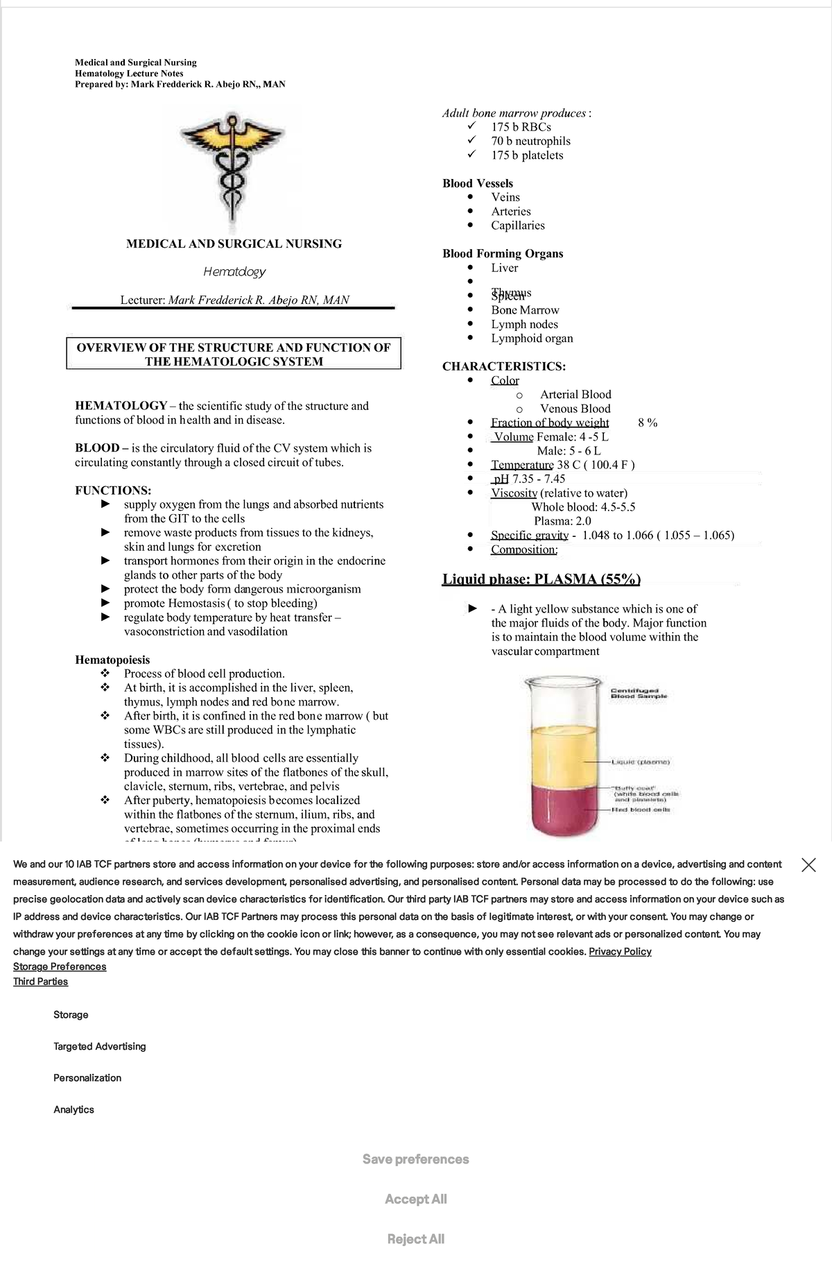 Medical and Surgical Nursing Hematology Lecture Notes (MSN 101) - Studocu