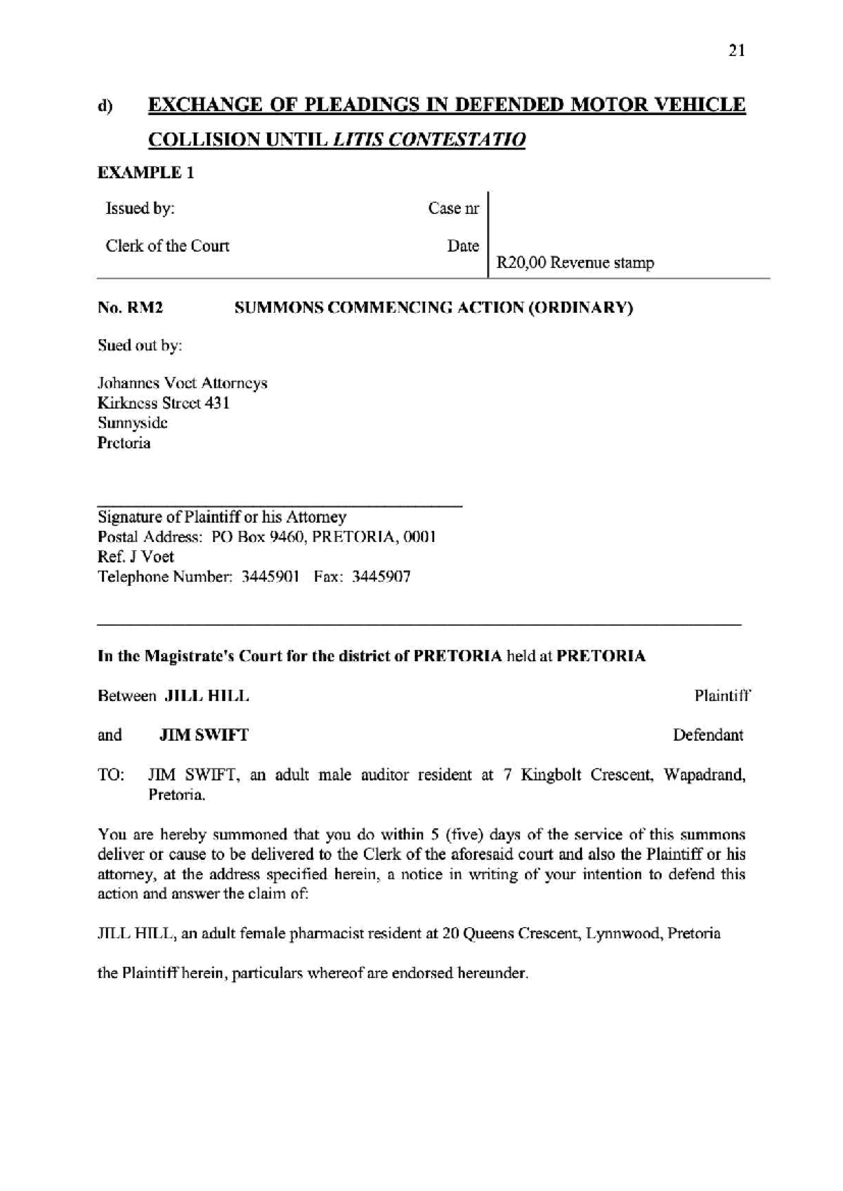 Summons & Particulars of Claim Example: Defended Motor Vehicle ...
