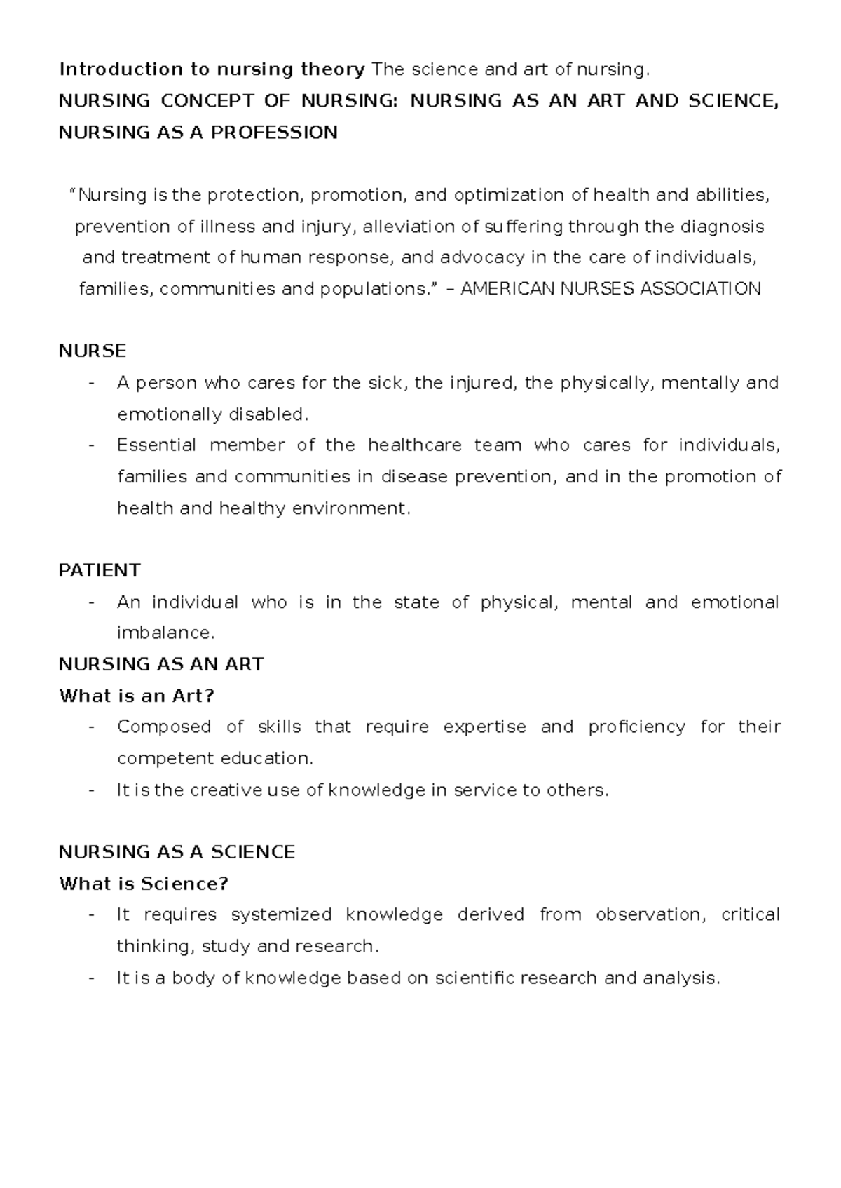 TFN Notes: Introduction to Nursing Theory and Practice - Studocu