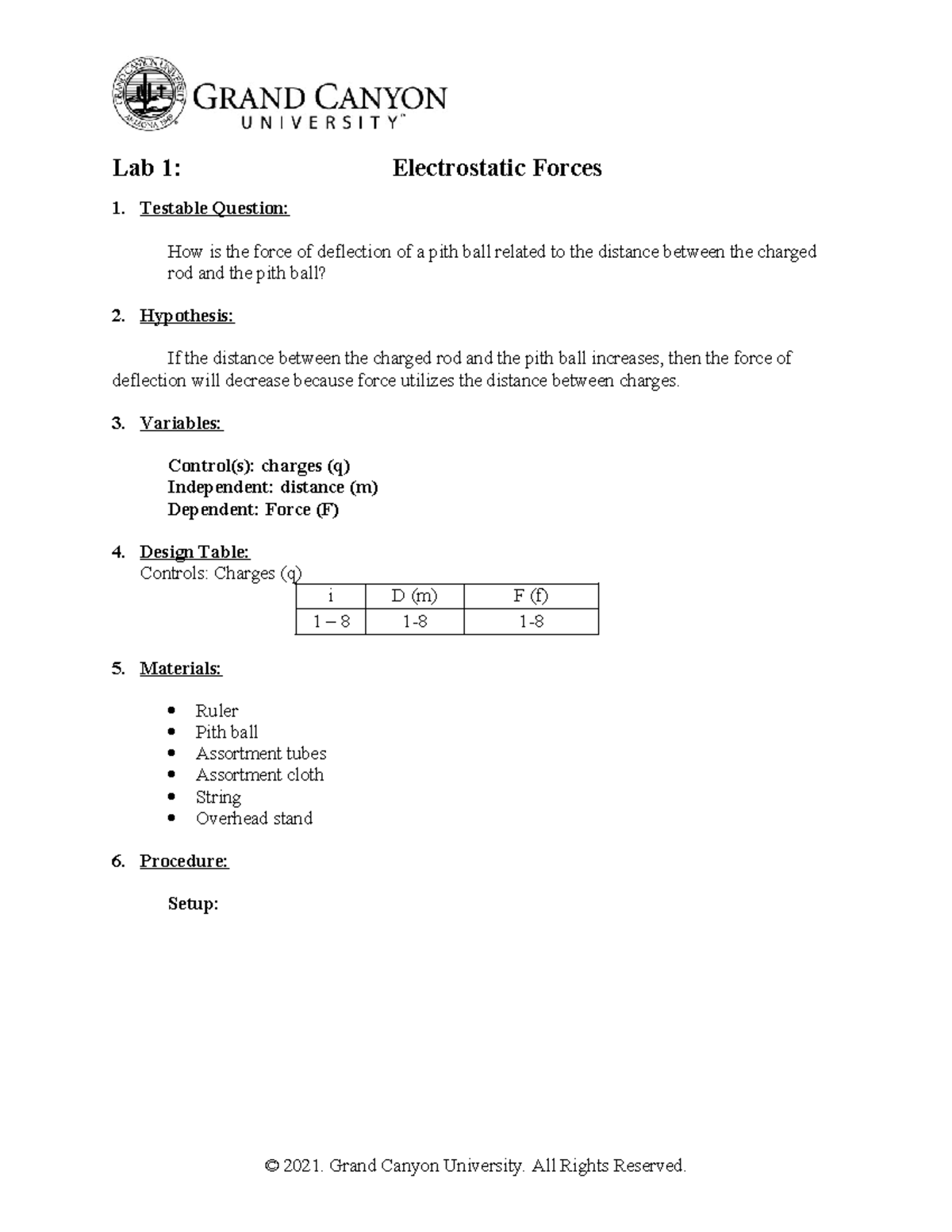Lab 1 Electrostatic Forces Remote - Lab 1: Electrostatic Forces ...