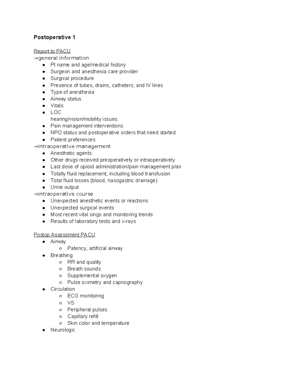 Postoperative Report: PACU Management & Nursing Interventions (Med Surg ...
