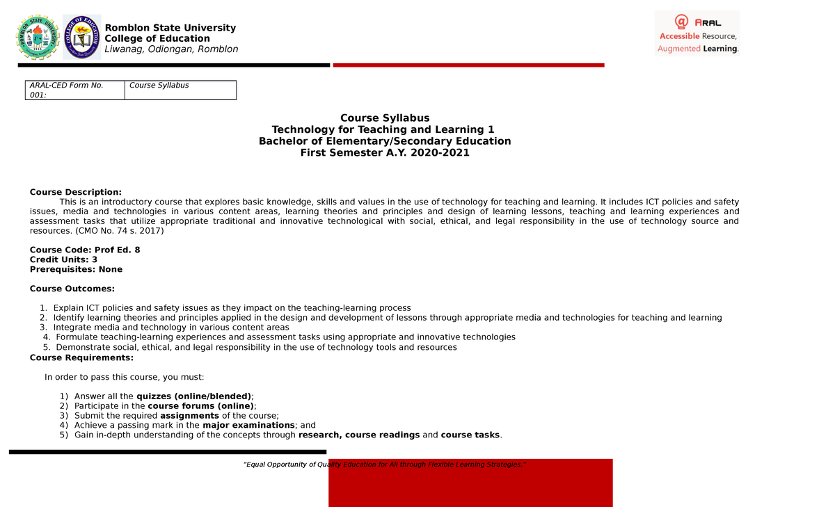 Course-Syllabus- Technology in Teaching and Learning - ARAL-CED Form No ...