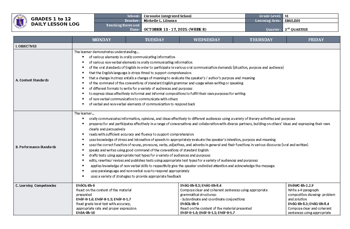 COT for English 6: Daily Lesson Log (Week 8) - Studocu