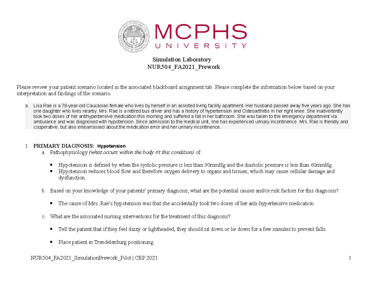 NUR504 FA2021: Lisa Rae Simulation Lab Prework Guide - Studocu