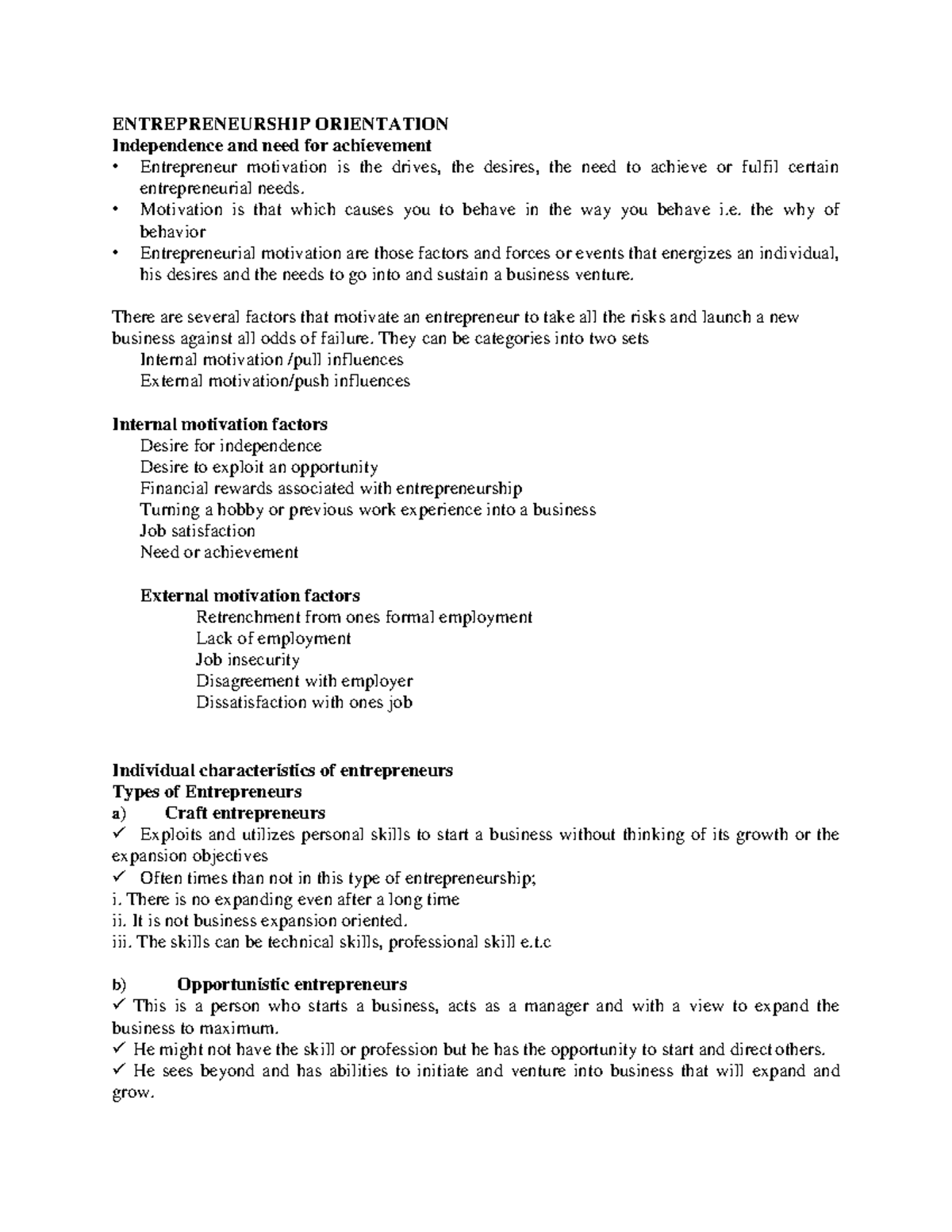 Entrepreneurship Orientation (ENT 101): Lesson Notes on Motivation and ...