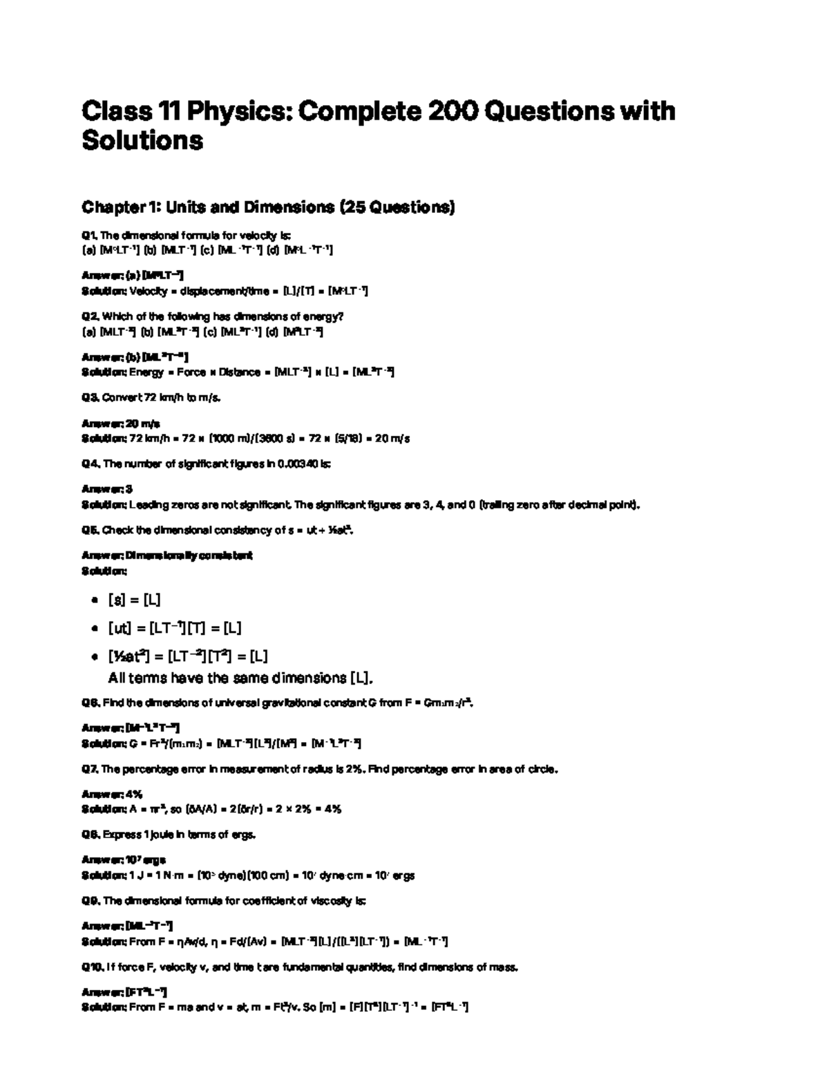 Class 11 Physics: 200 Questions with Solutions for Exam Prep - Studocu
