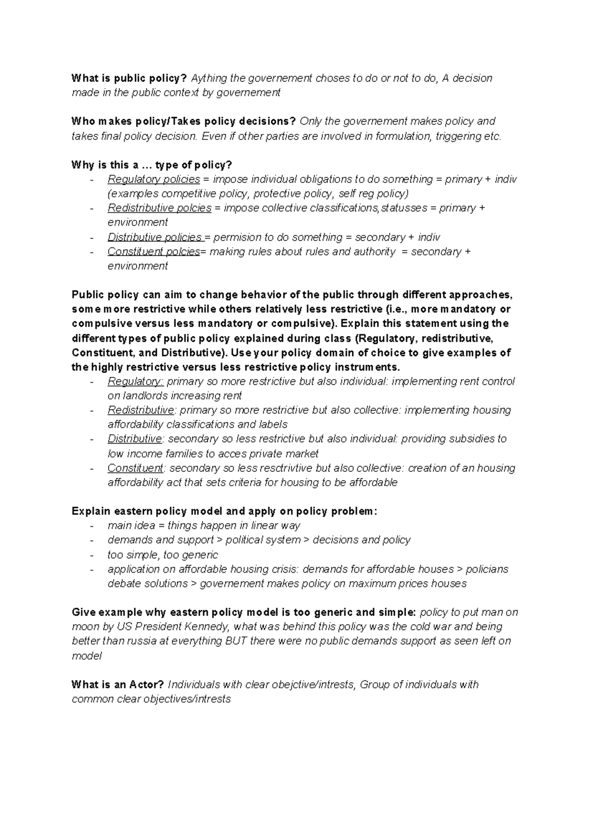 Possible Exam Questions on Public Policy (POL 201) from Lectures - Studocu