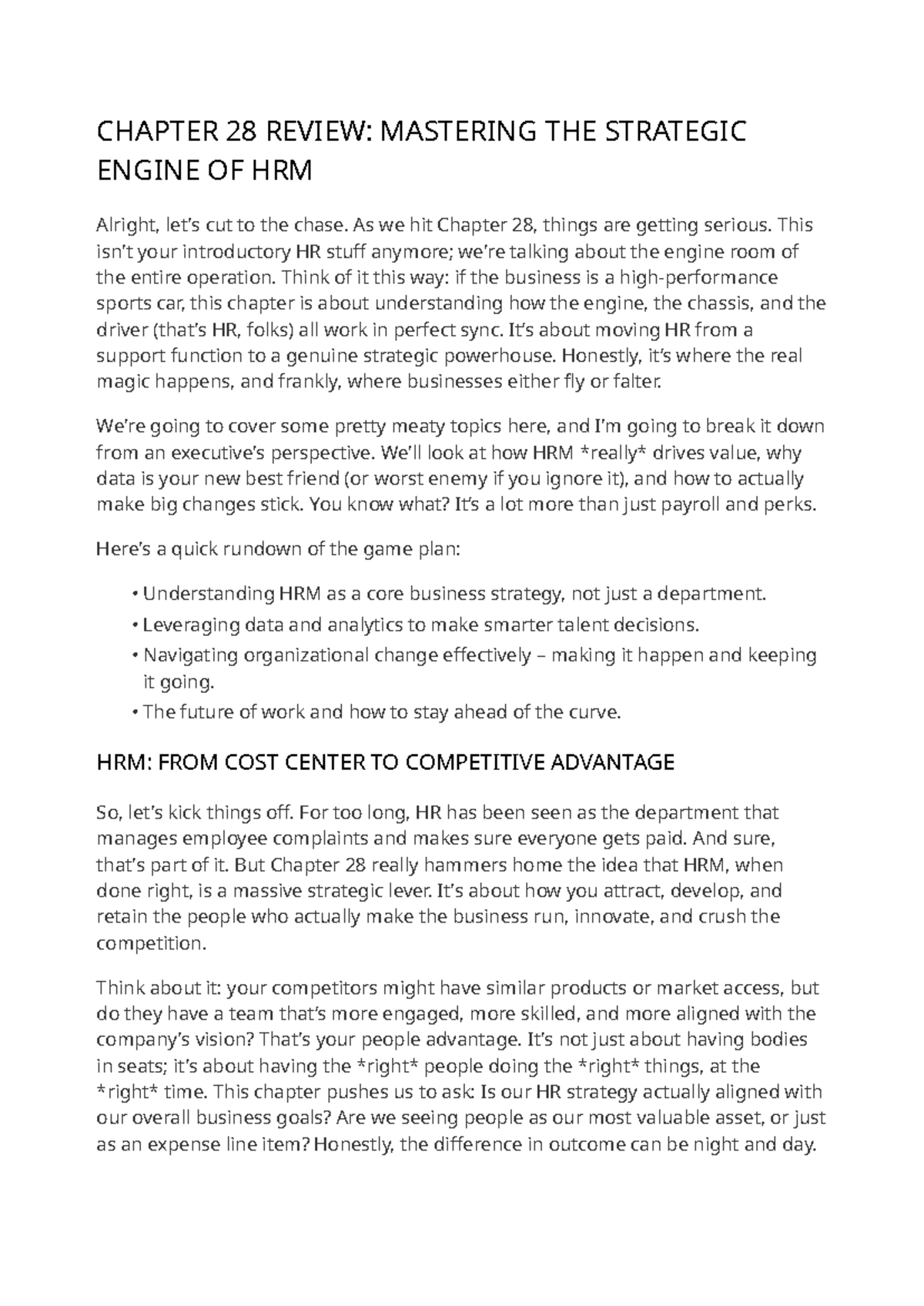 HRM 101: Chapter 28 Review - Mastering Strategic HR Insights - Studocu
