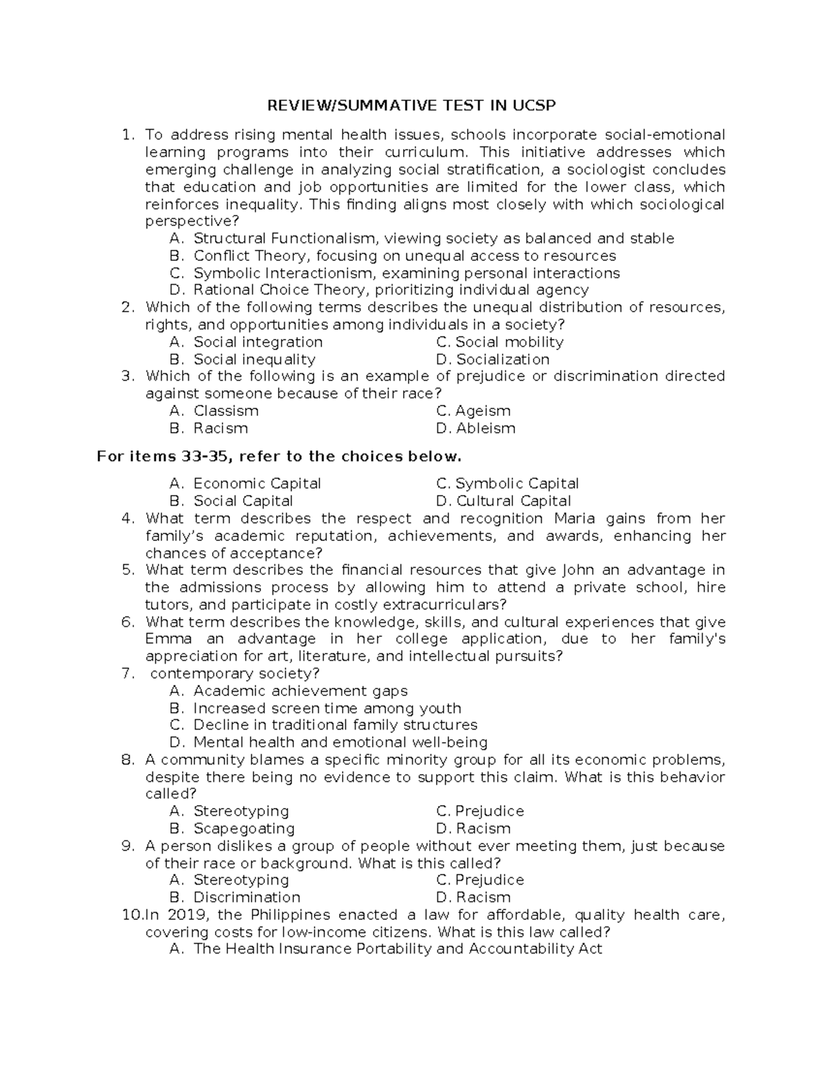 Review- Summative-TEST-IN-UCSP - REVIEW/SUMMATIVE TEST IN UCSP To ...