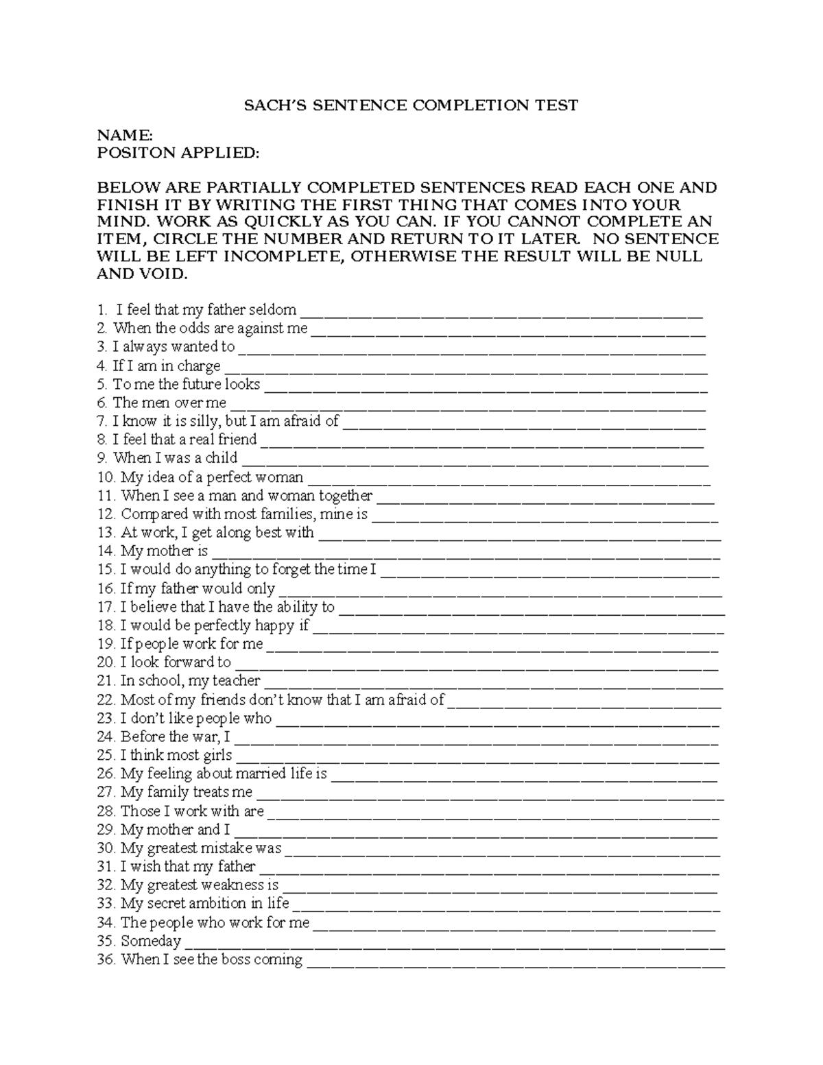 Sachs - HR Docs: Sentence Completion Test for Position Applied - Studocu