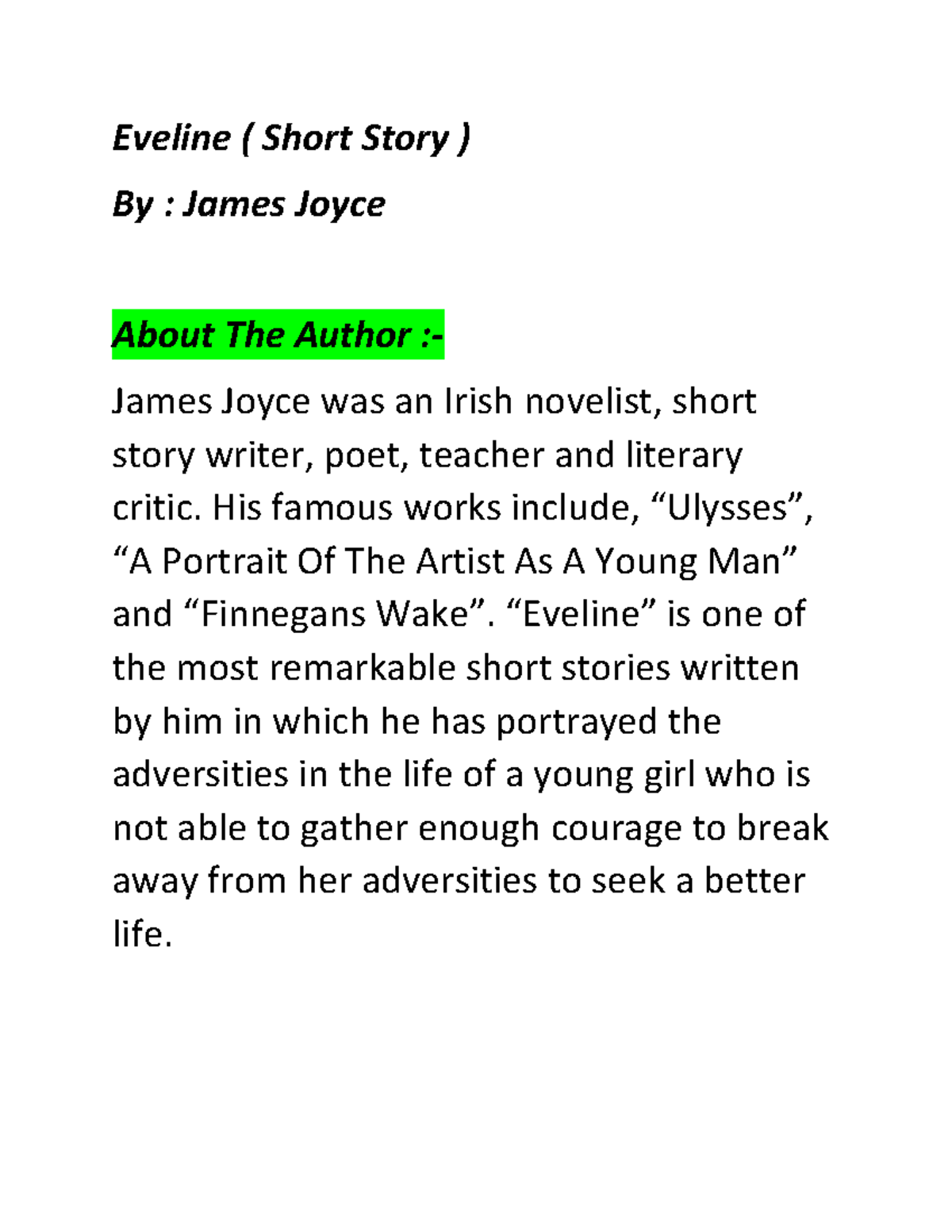 100011940 - Summary of James Joyce's "Eveline" Short Story - Studocu