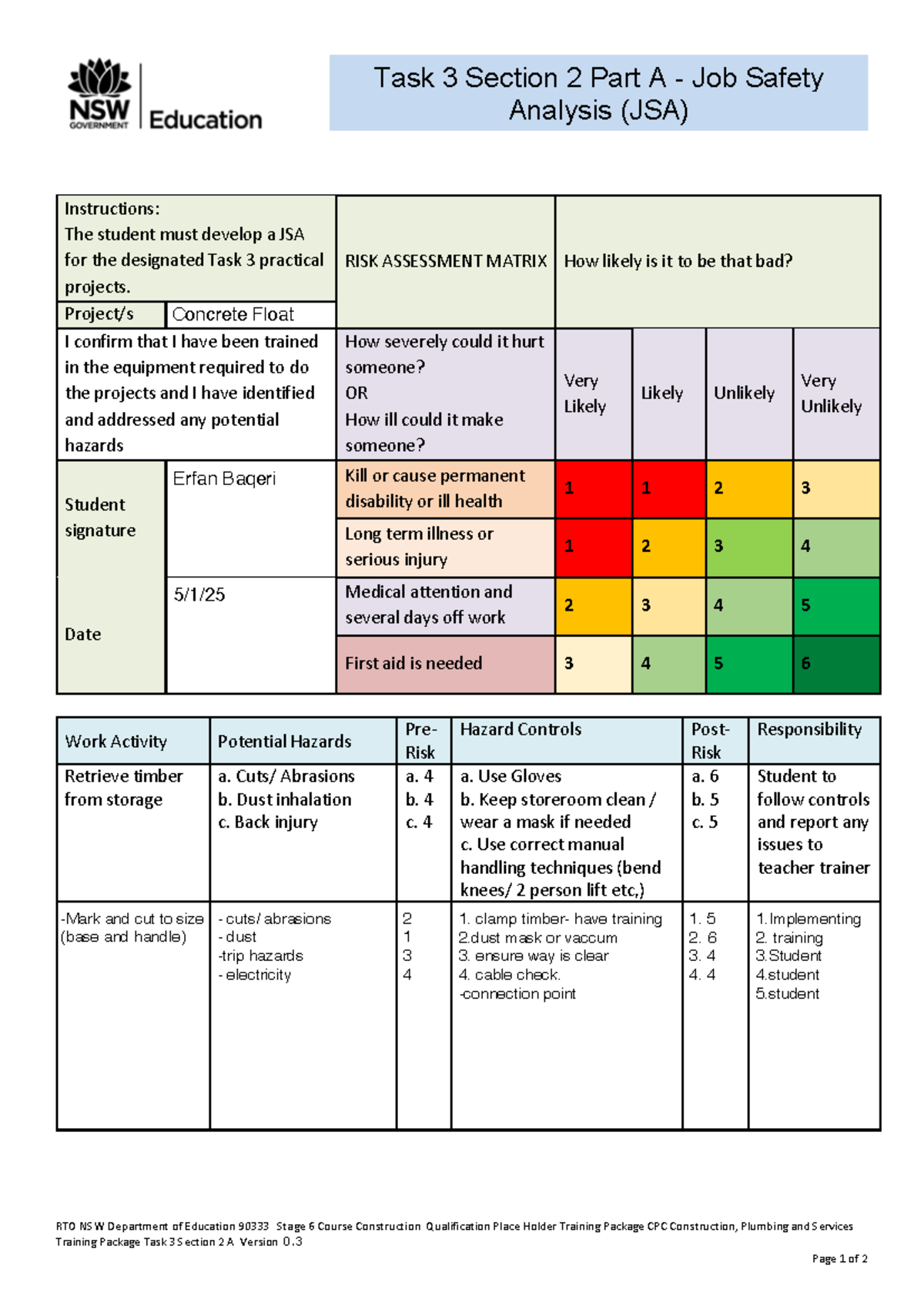 Concrete Float JSA - Task 3 Section 2 Part A Risk Assessment Guide ...