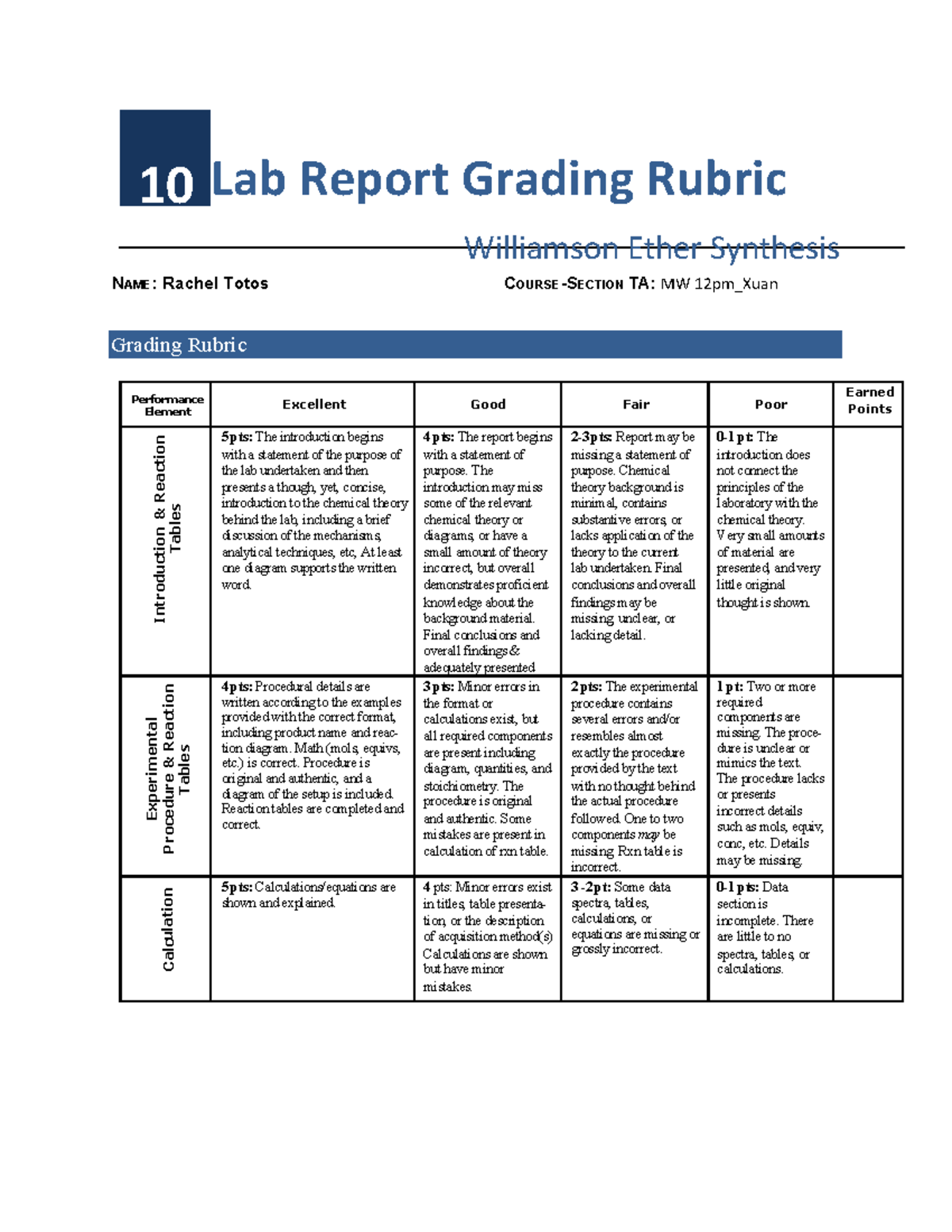 lab report 10- Williamson ether synthesis - 10 Lab Report Grading ...