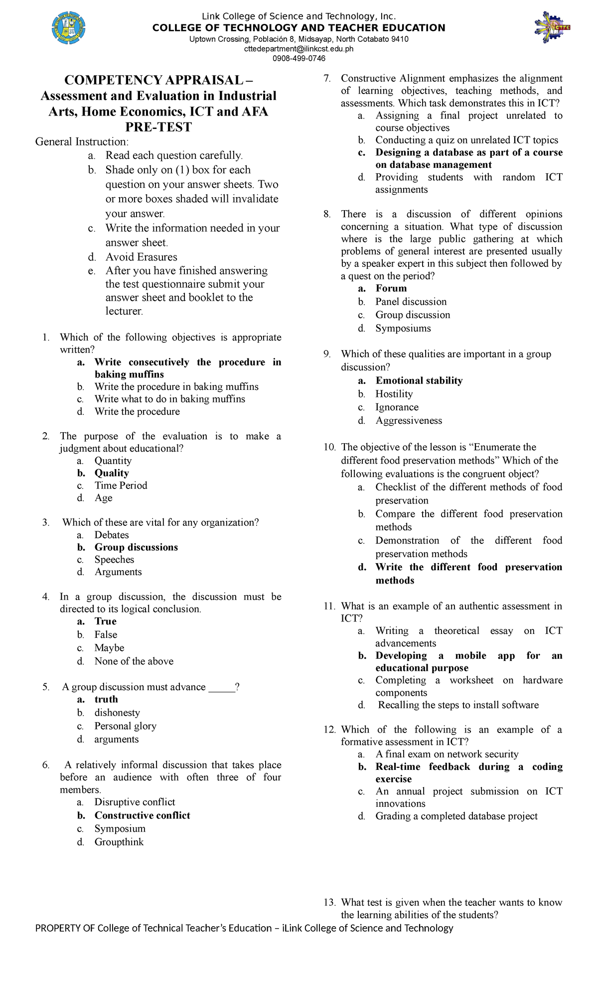 Pre-Test: A Comprehensive Assessment in HE, IA, and FA (COMP121) - Studocu