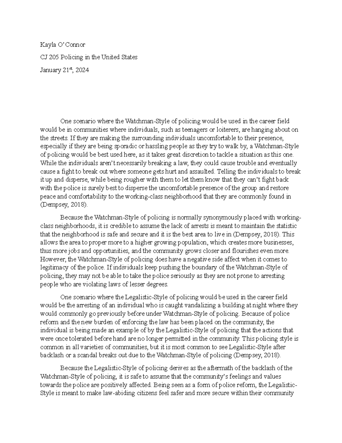 CJ 205 Module Two Assignment - Kayla O’Connor CJ 205 Policing in the ...