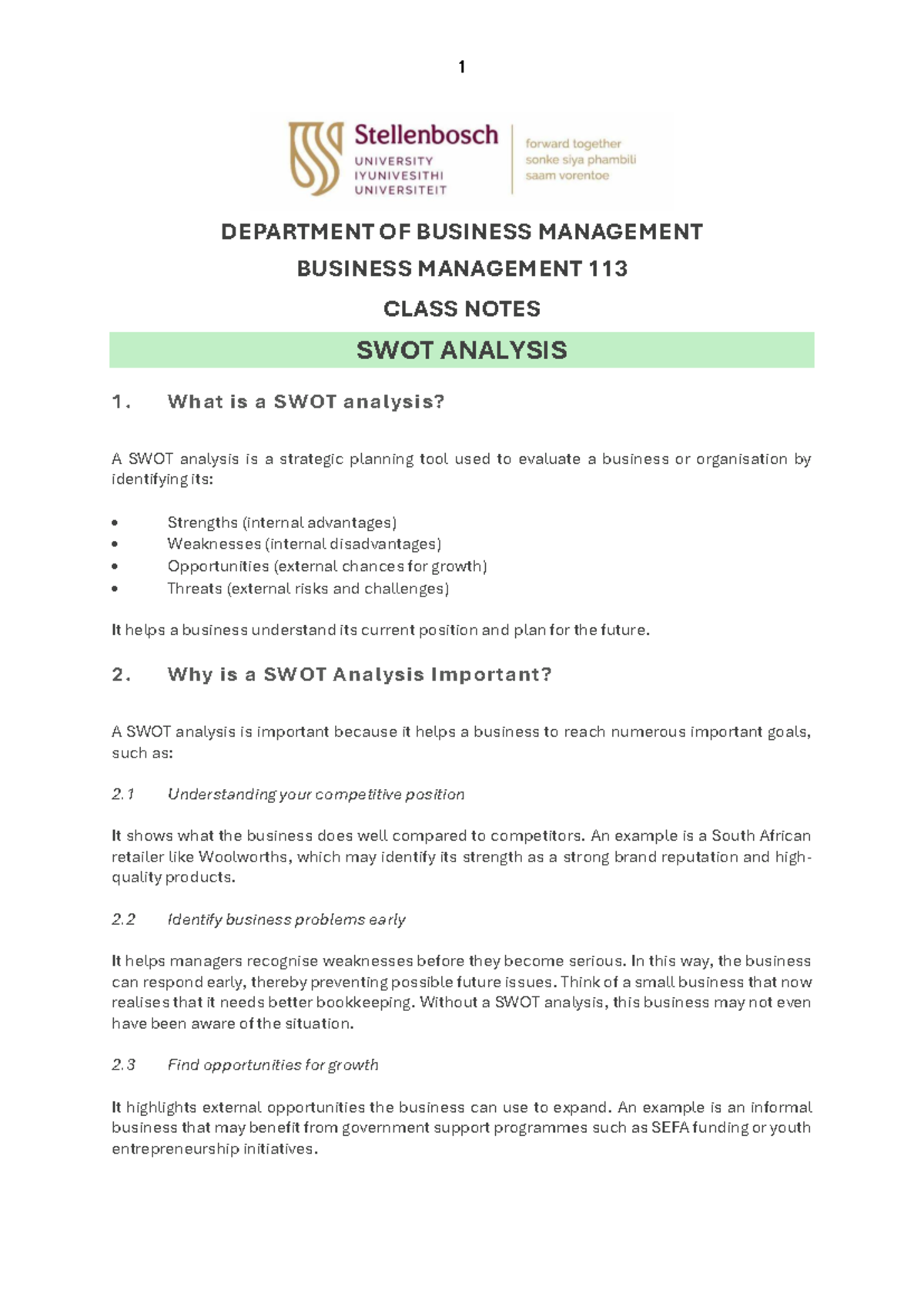 BUSM 113 Class Notes: SWOT Analysis Overview and Importance - Studocu