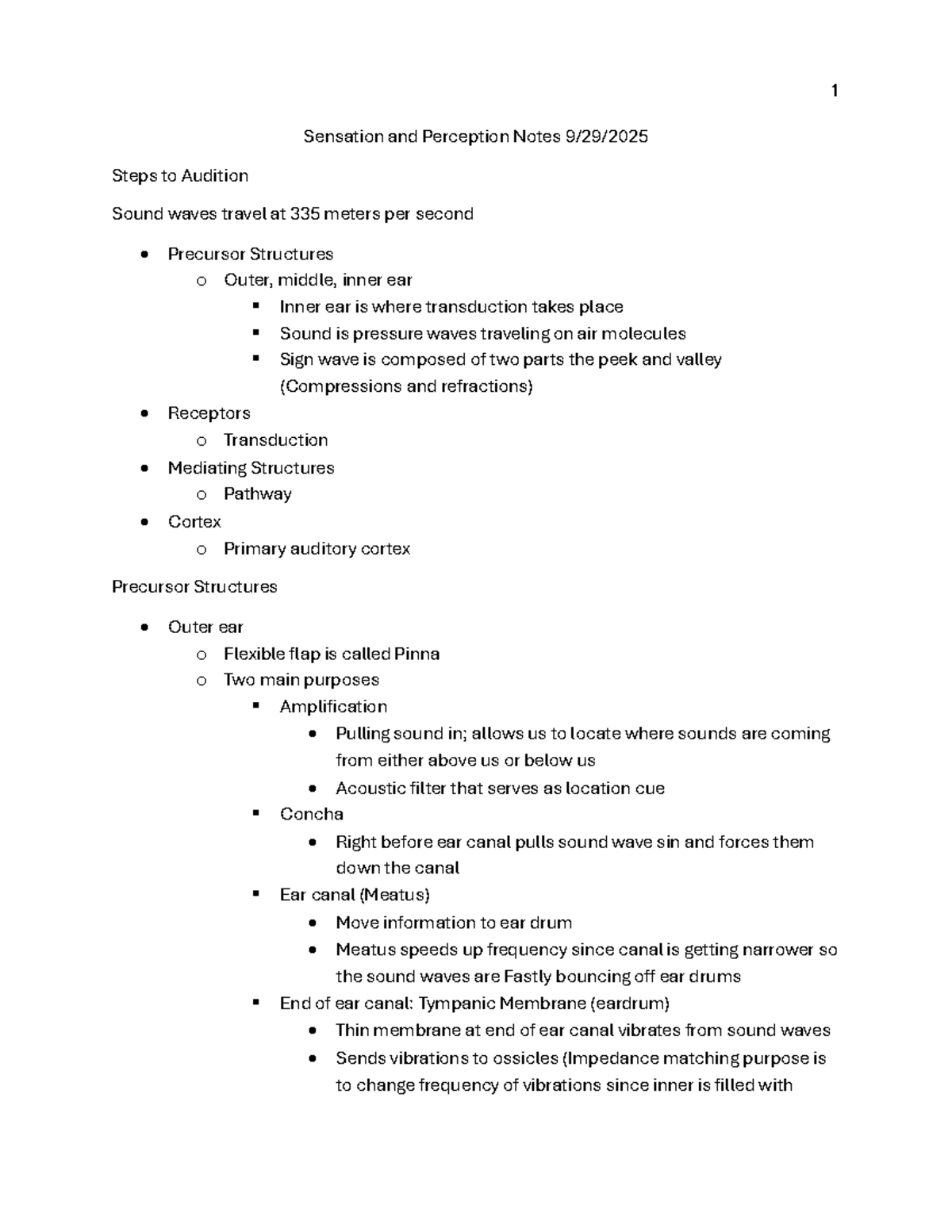 Sensation and Perception Notes: Auditory System Overview - Studocu