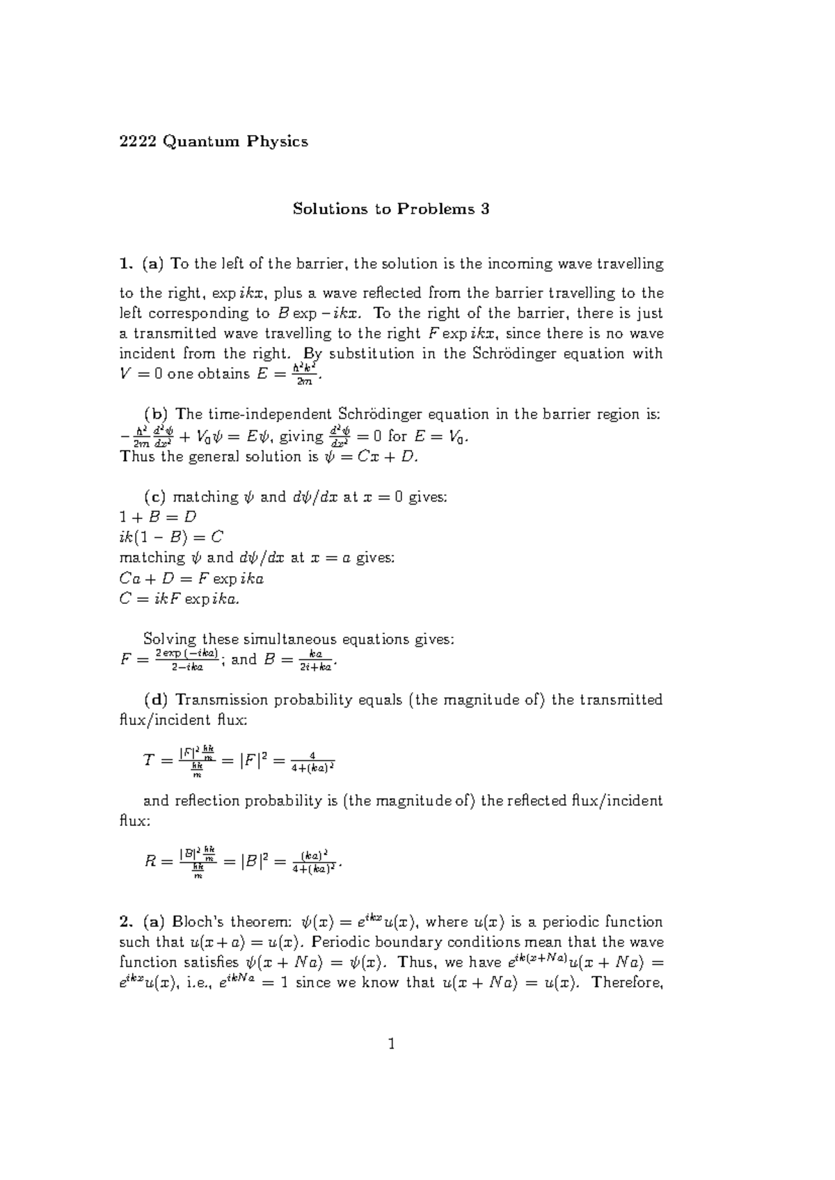 Quantum Physics Problem Sheet 3 - Solutions and Explanations - Studocu