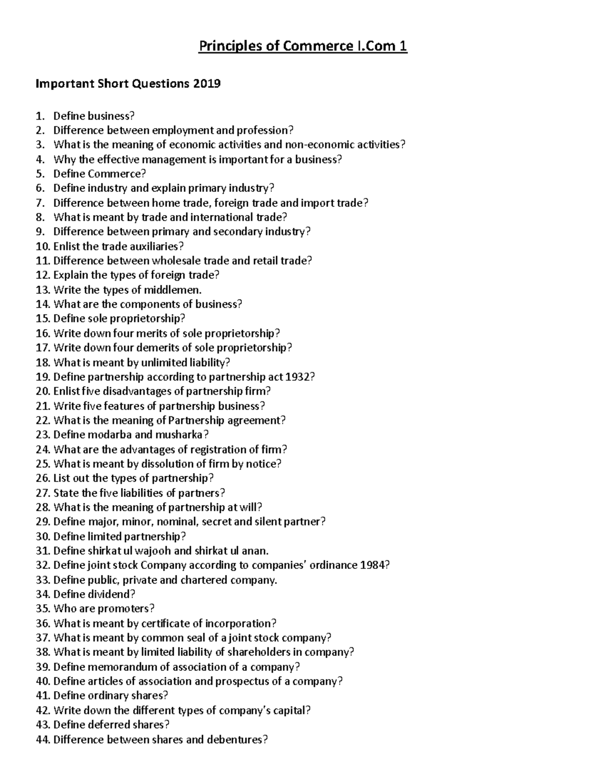 Priciples of Commerce Short Long Questions I Year - Principles of ...