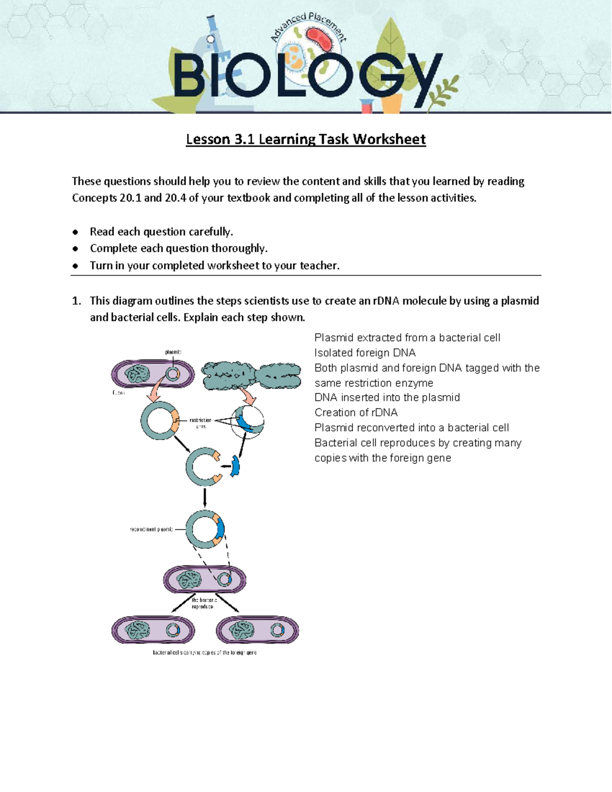 APBIO 3.1 Lesson 3.1 Learning Task Worksheet on rDNA and Biotechnology ...