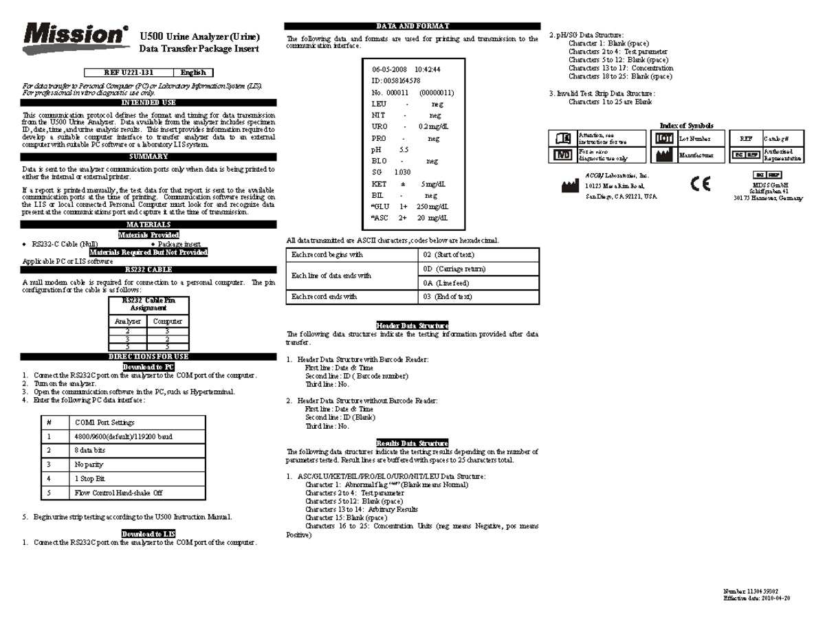 1150459302 Mission U500 Data Transfer Package CE Insert 042010 - U Urine Analyzer (Urine) Data ...