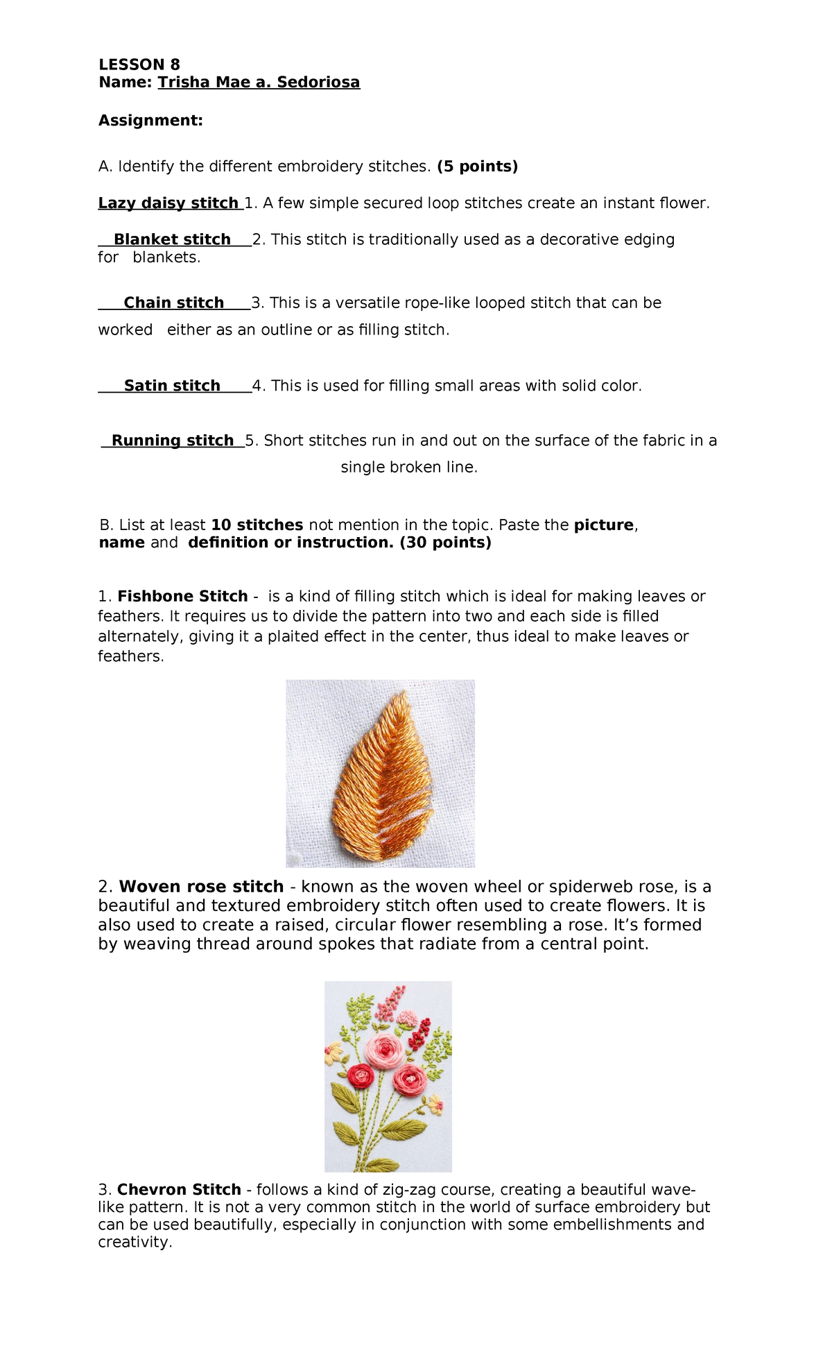 TLE 100B - Lesson 8: Exploring Various Embroidery Stitches - Studocu