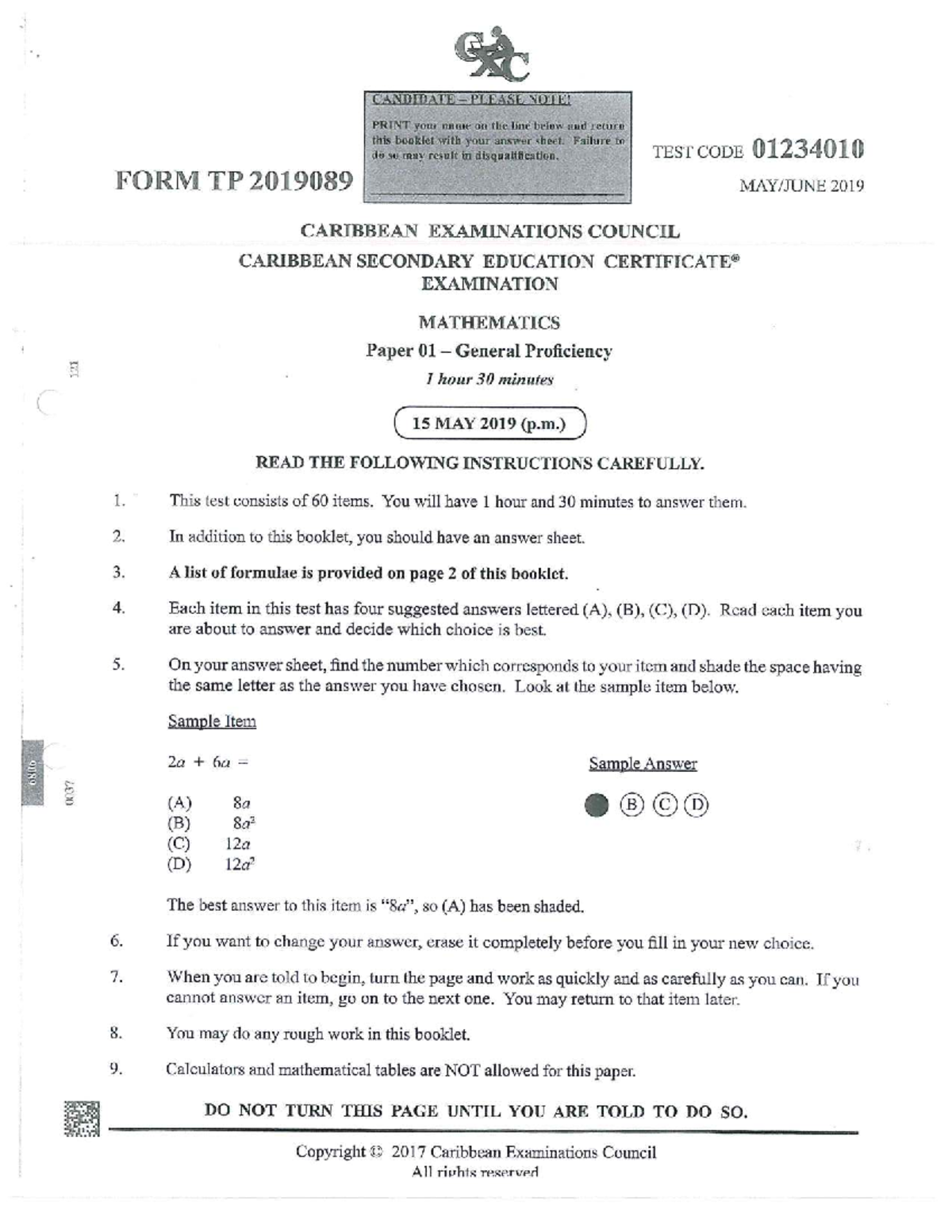 CXC CSEC Mathematics Paper 1 Practice Test 2019 - Studocu