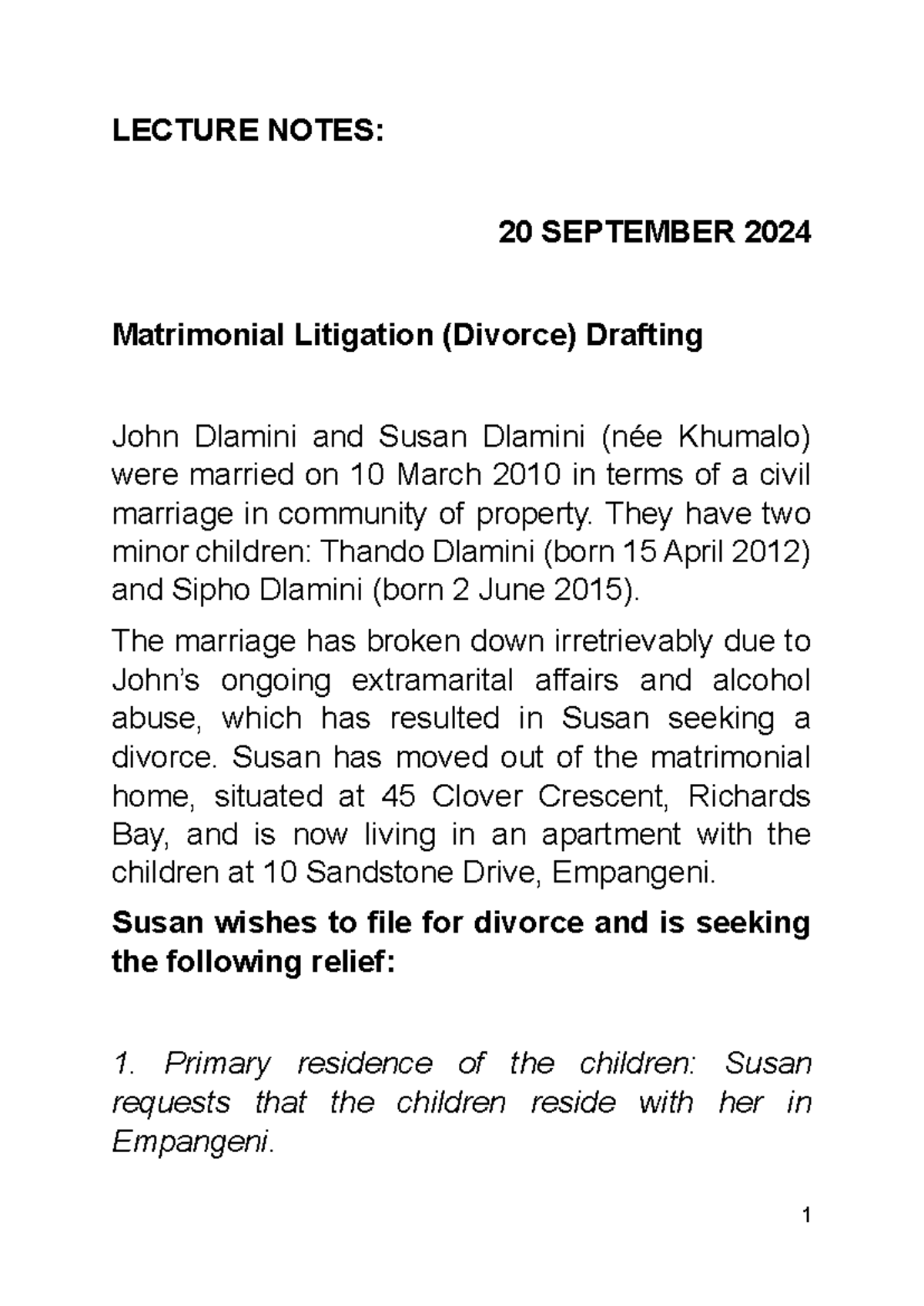 LECTURE NOTES: Matrimonial Litigation (Divorce) Drafting - 20 Sept 2024 ...