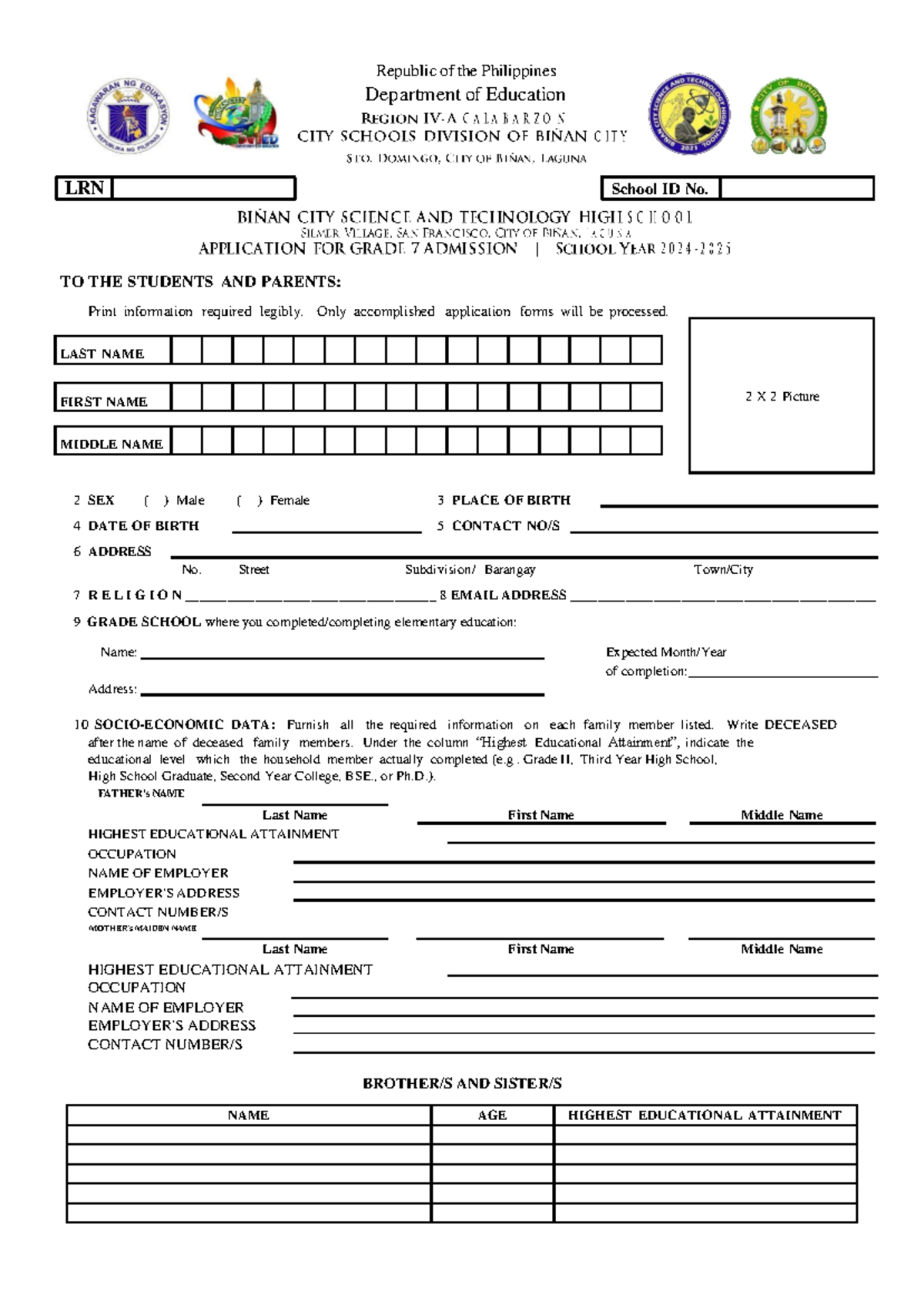 NEW Bcsths Application Form 2024 2025 1 - Republic of the Philippines ...