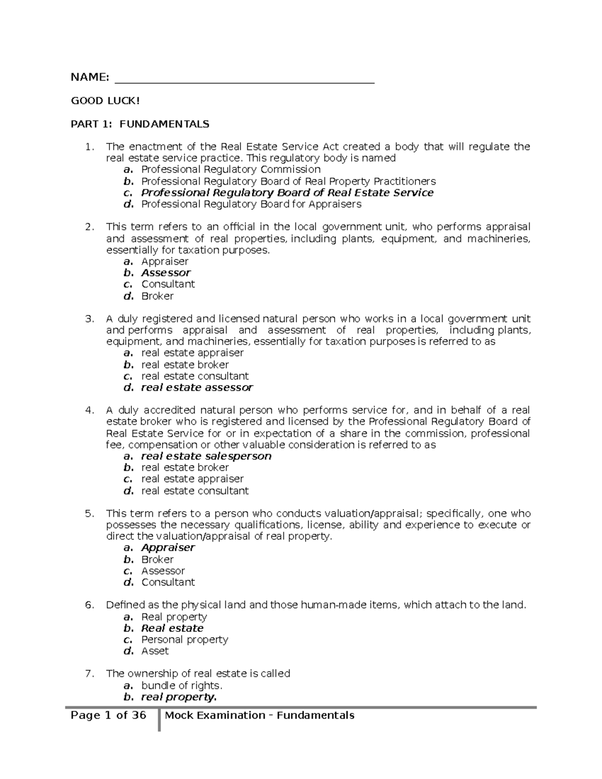 Rea mock examination with answer pdf free - NAME