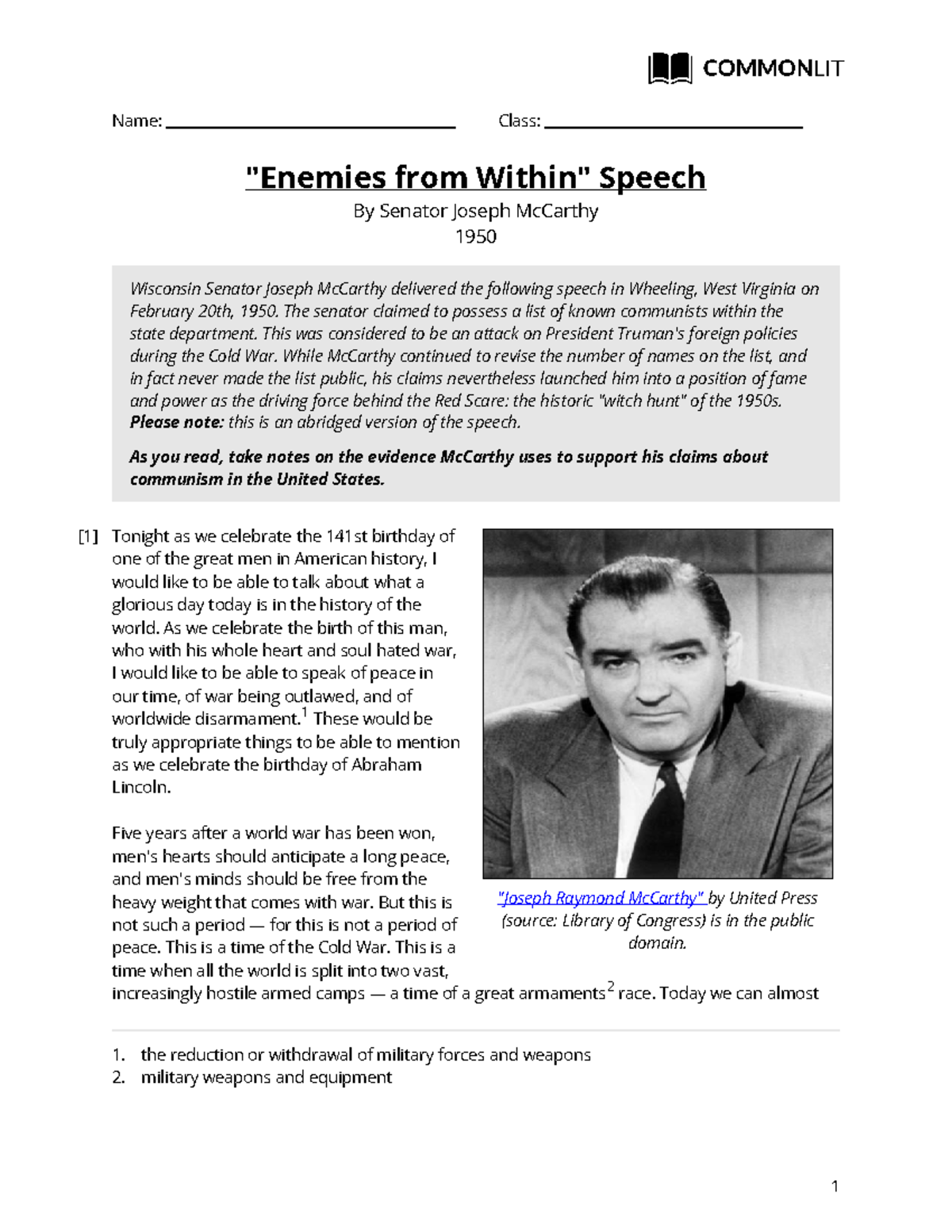 Enemies from Within: McCarthy's 1950 Speech Analysis - Studocu
