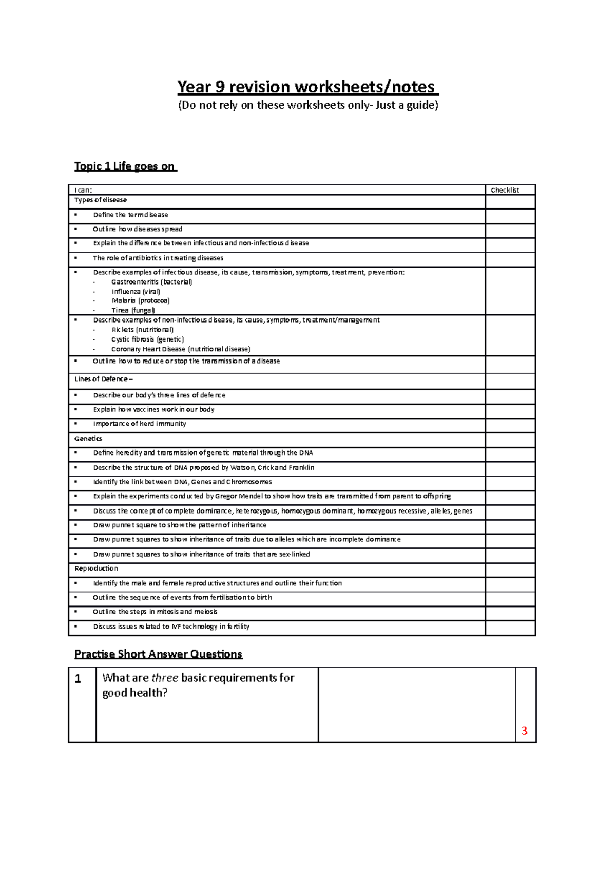 Year 9 Science Revision Worksheet: Diseases, Genetics & Reproduction ...