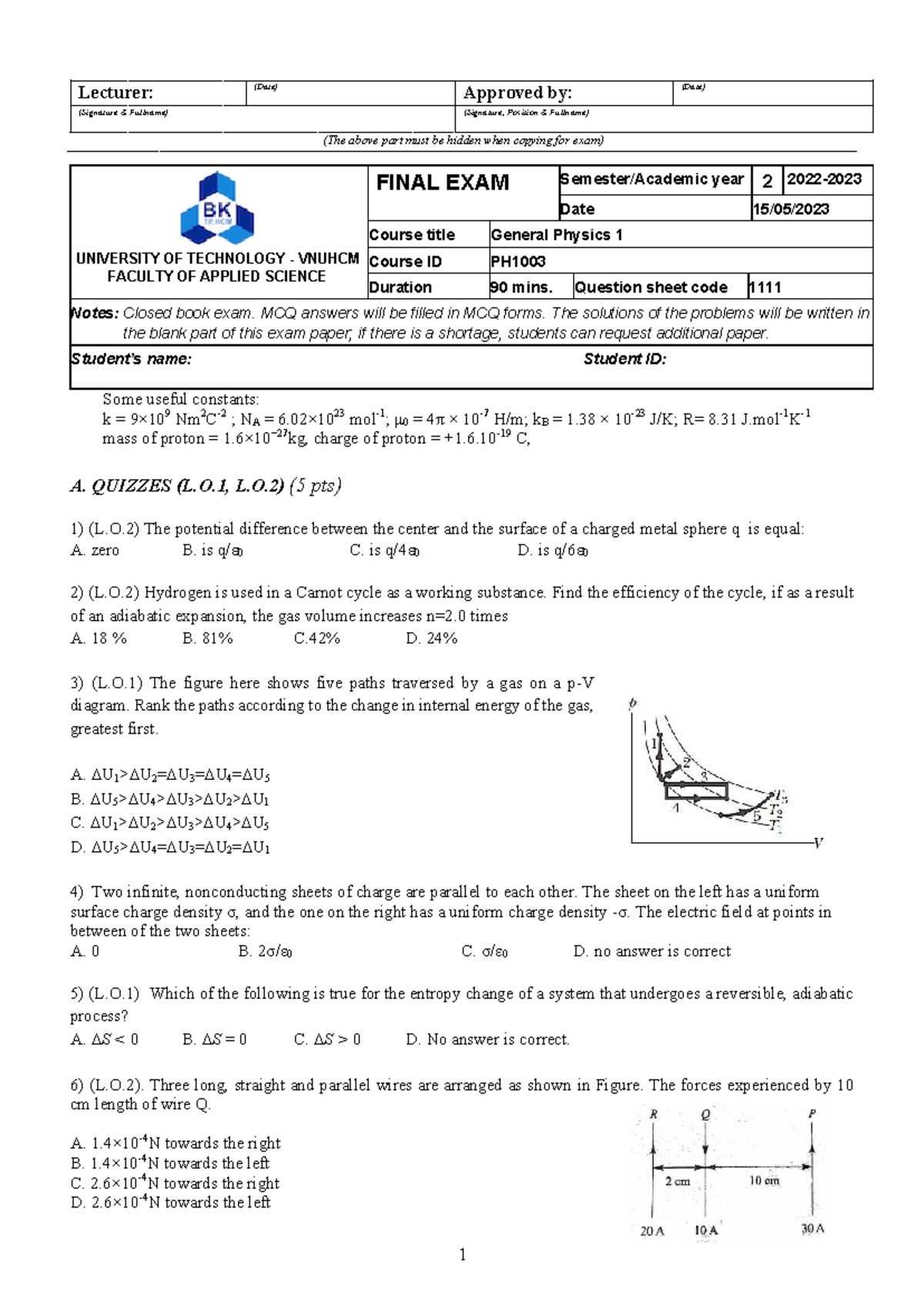 Final Exam PH1003: General Physics 1 - Year 2 (HK222) - Studocu