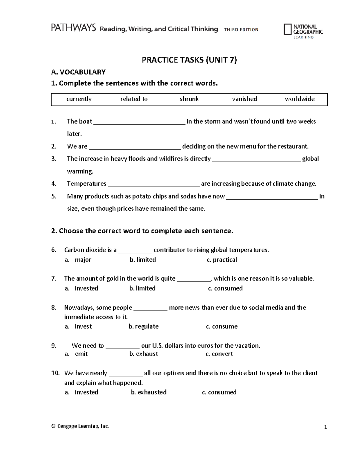 Unit 7 Practice Tasks: Vocabulary & Reading Exercises - Studocu