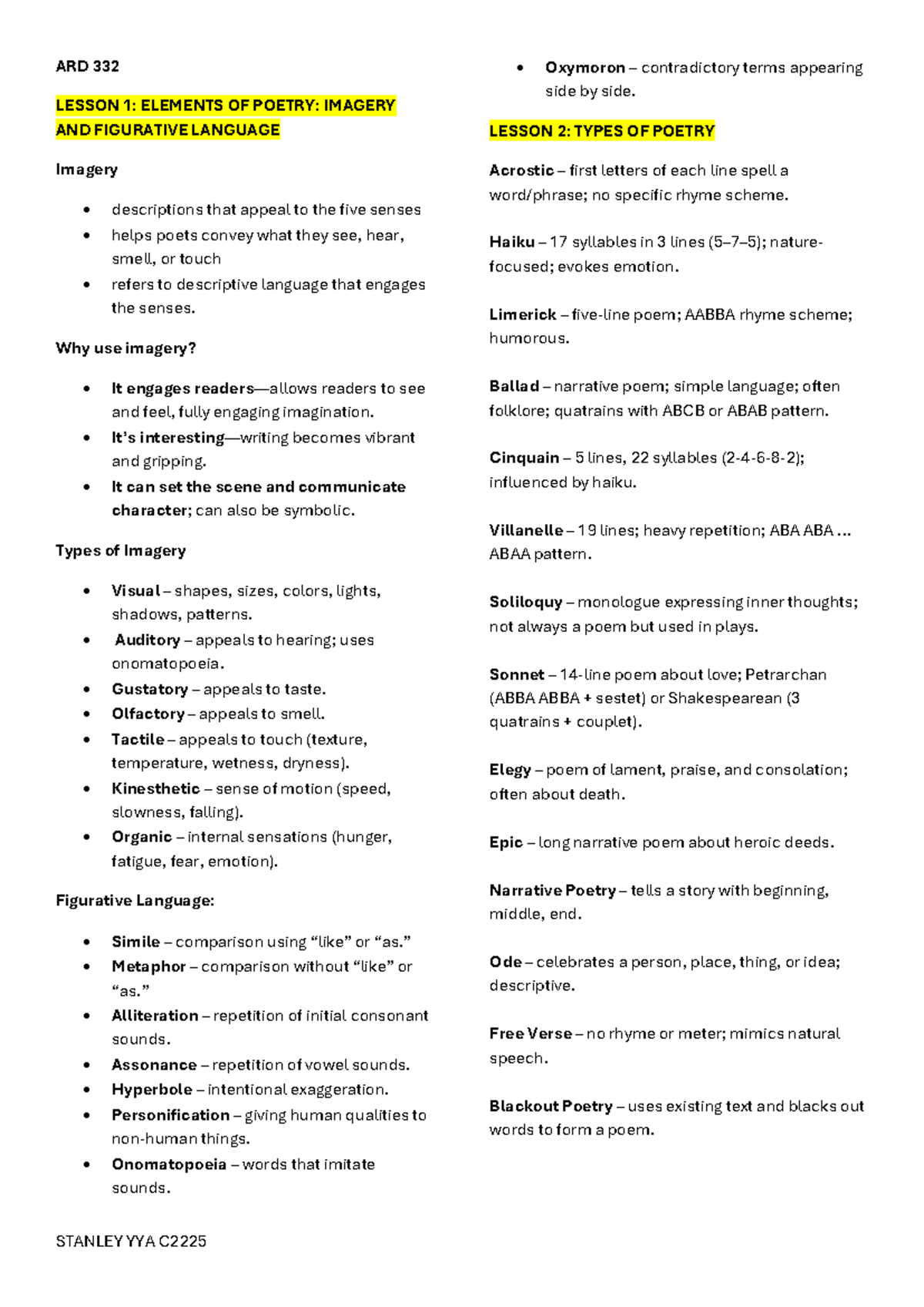 ARD 332 LESSON 1 & 2: ELEMENTS & TYPES OF POETRY REVIEW - Studocu