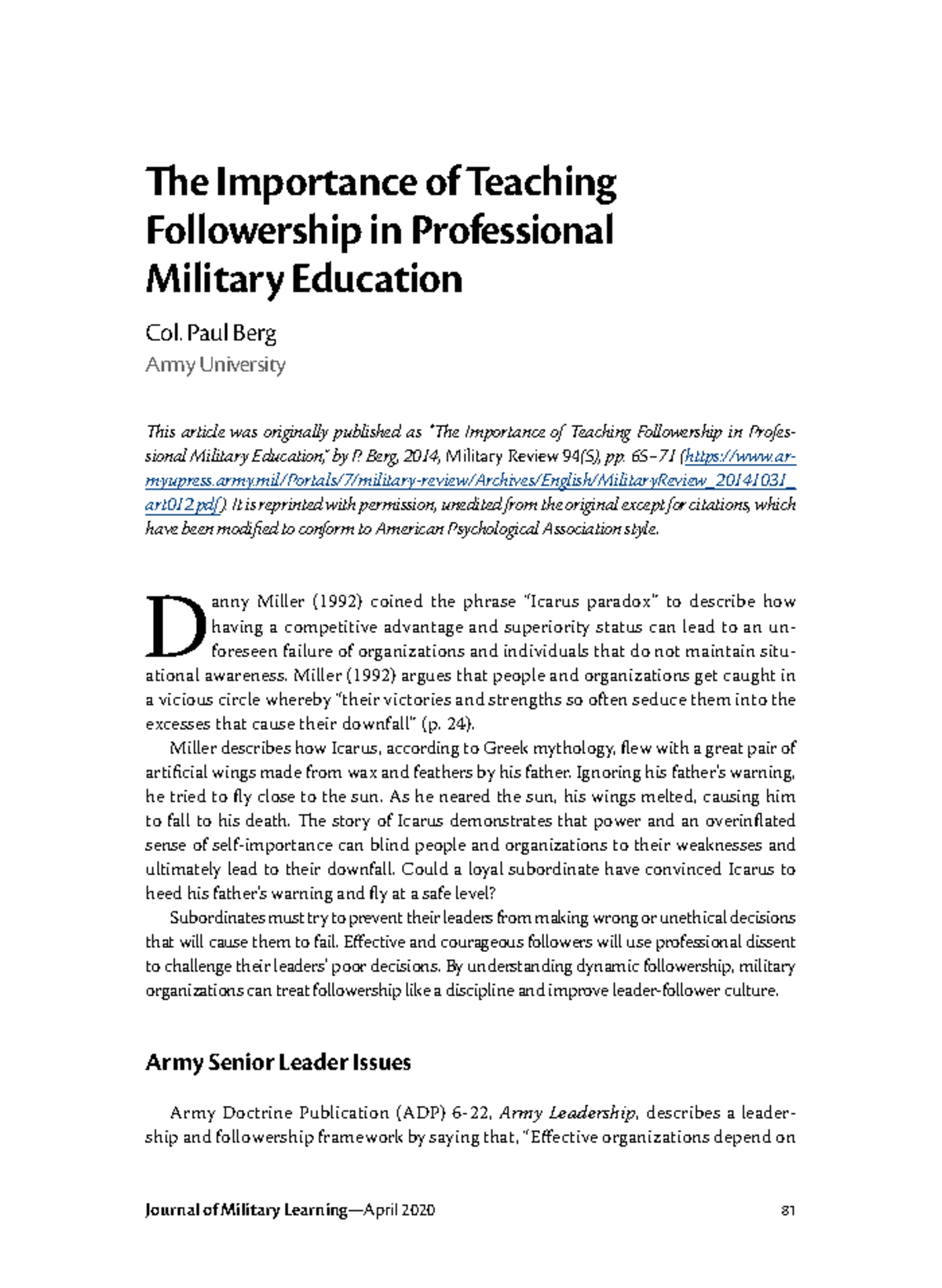 Teaching Followership in Professional Military Education: A Critical ...