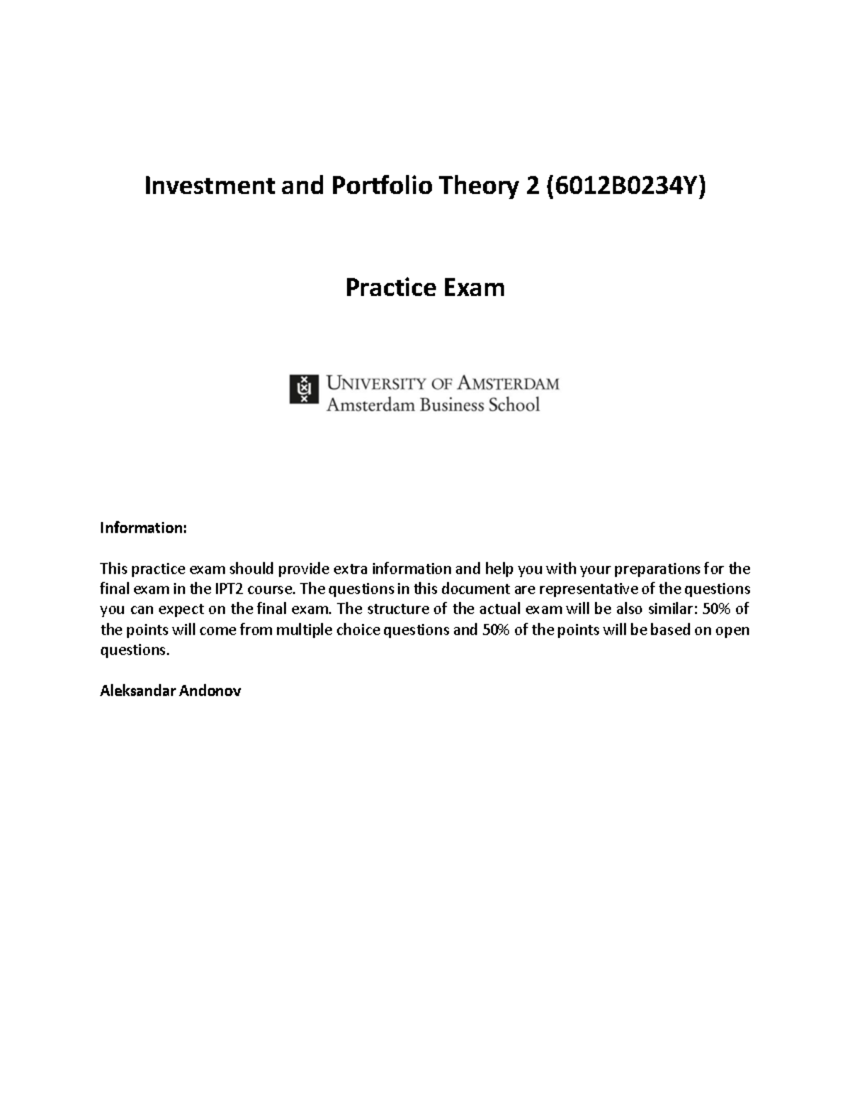 IPT2 - Practice Exam - Without Answers - Investment and Portfolio ...