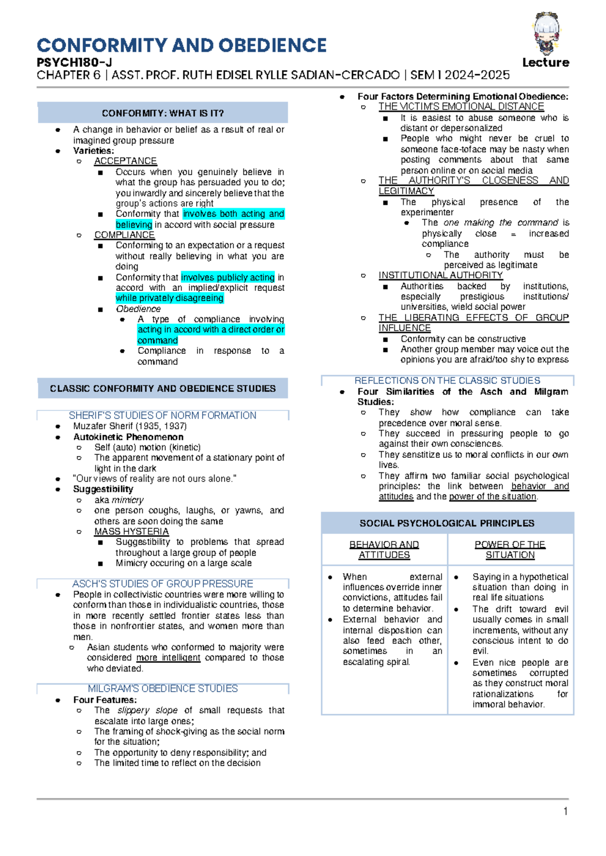 Chapter 6 Psych 180 - hope it helps - CONFORMITY AND OBEDIENCE PSYCH180 ...